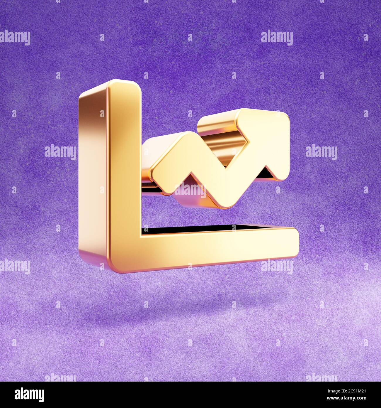 Chart line icon. Gold glossy Chart line symbol isolated on violet ...