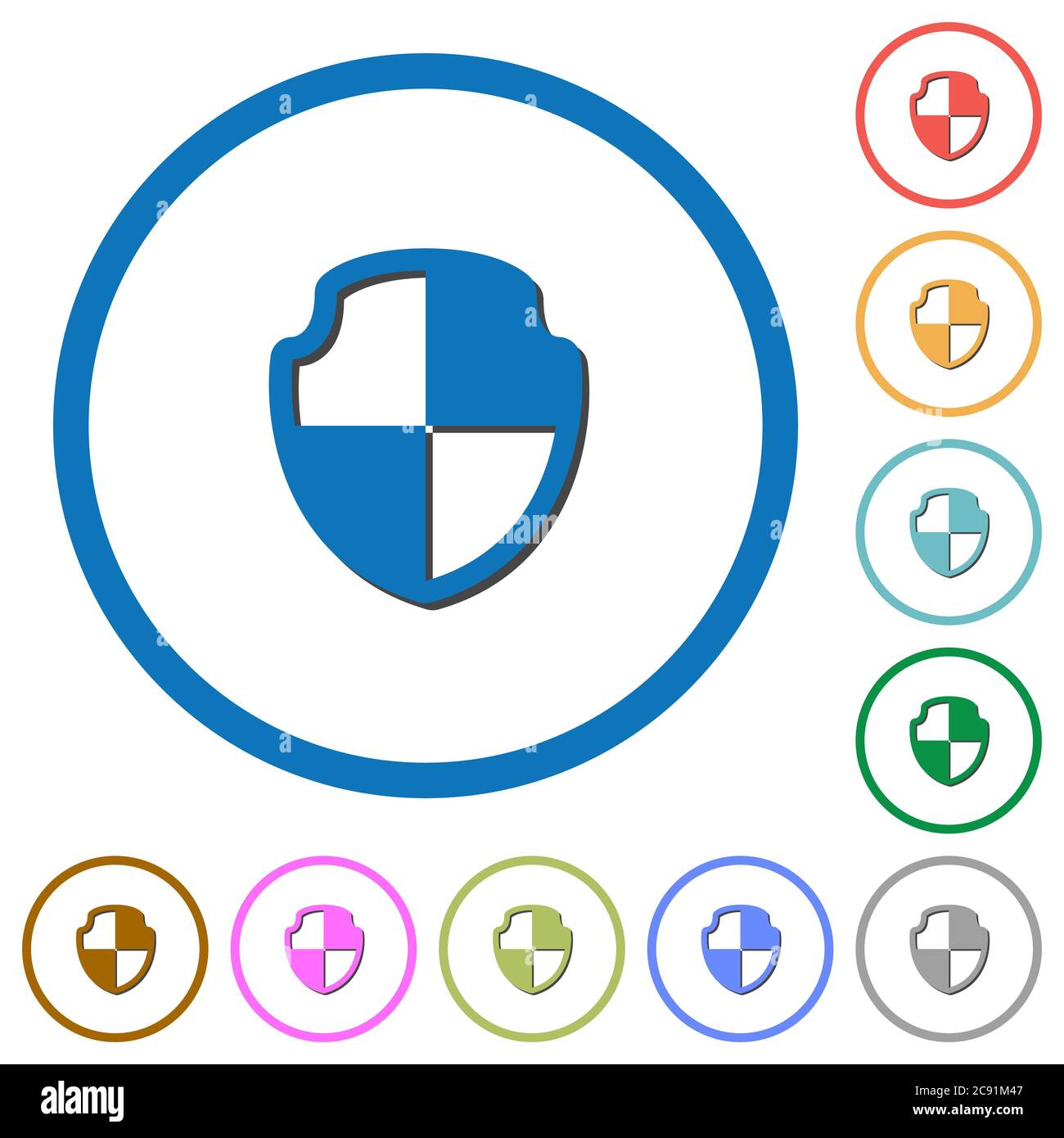 Shield flat color vector icons with shadows in round outlines on white ...