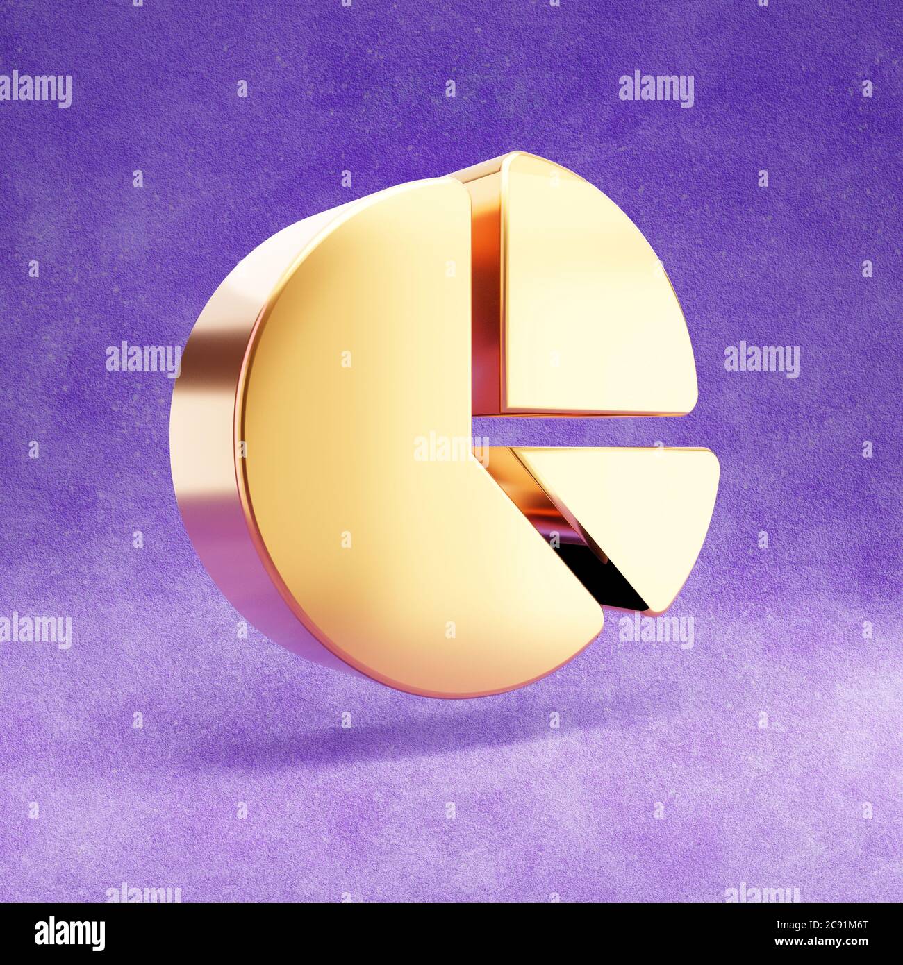 Chart pie icon. Gold glossy Chart pie symbol isolated on violet velvet ...