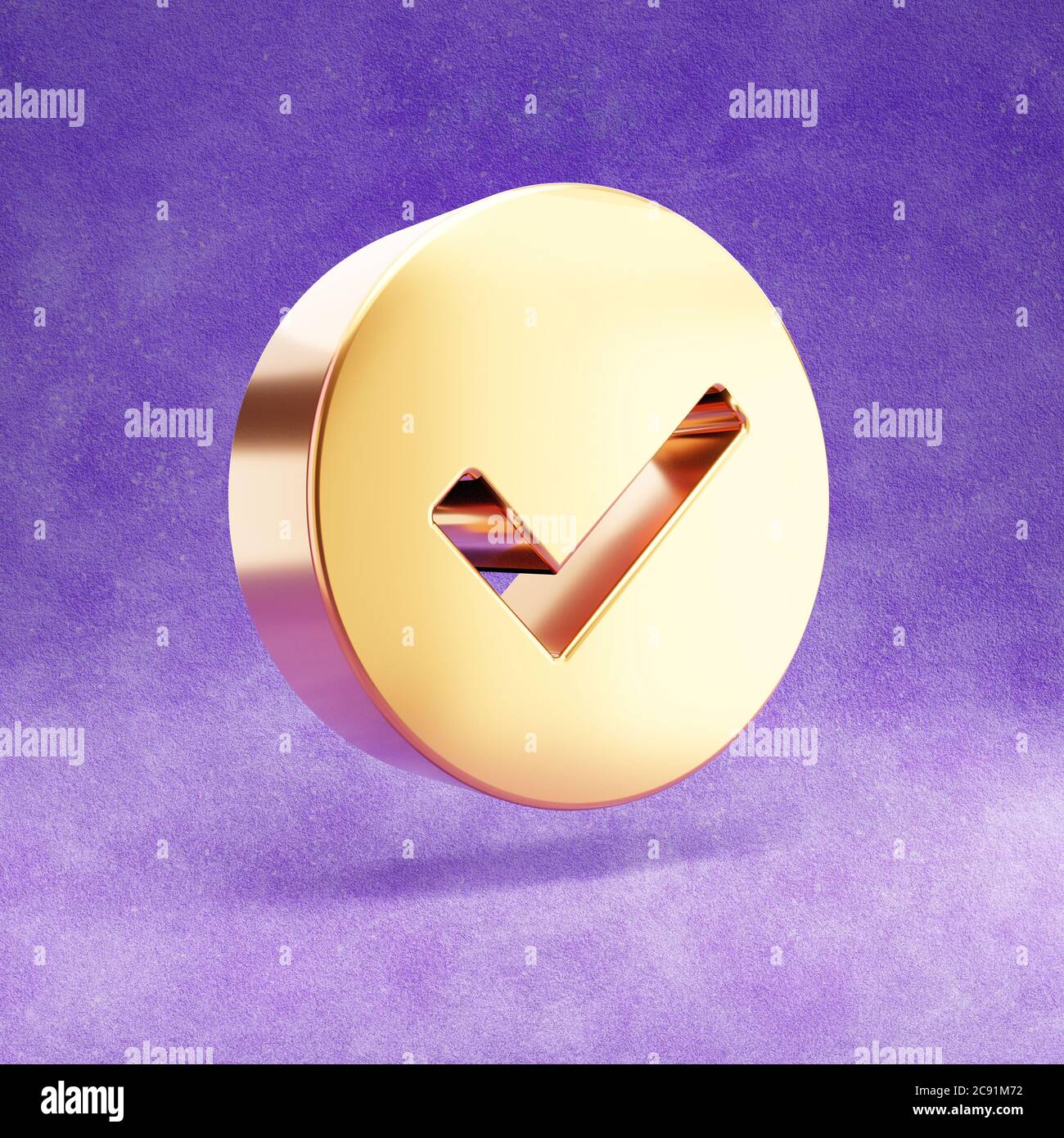 Check icon. Gold glossy Check symbol isolated on violet velvet ...