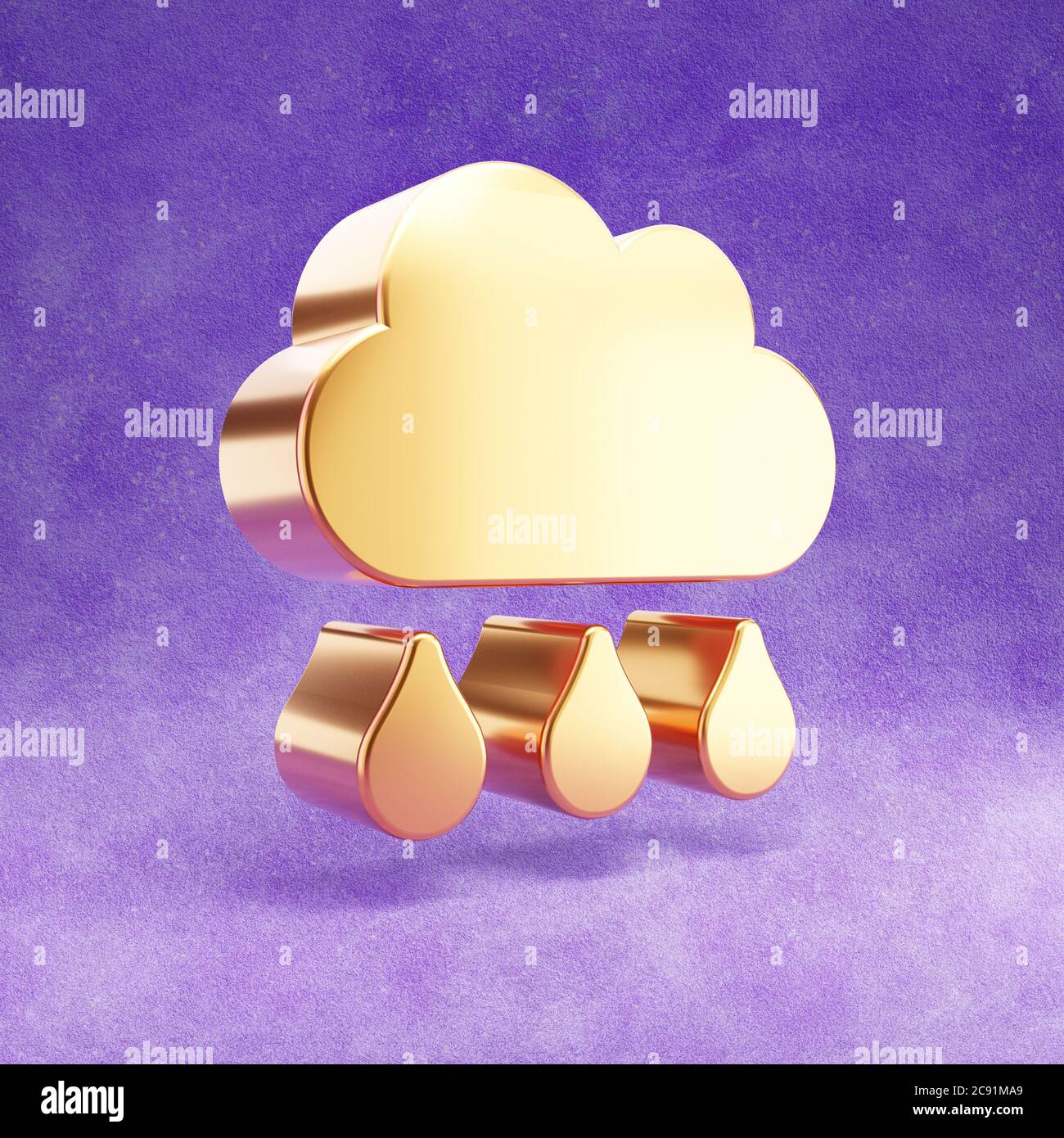 Rainy cloud icon. Gold glossy Rainy cloud symbol isolated on violet ...
