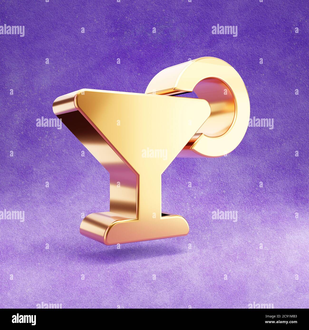 Cocktail icon. Gold glossy Cocktail symbol isolated on violet velvet ...