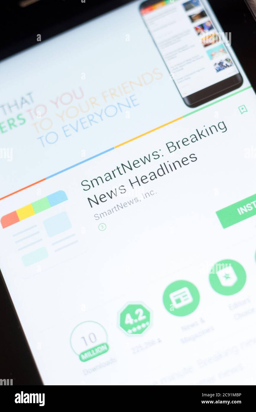 Ryazan, Russia - June 24, 2018: SmartNews - Breaking News Headlines mobile app on the display of ...