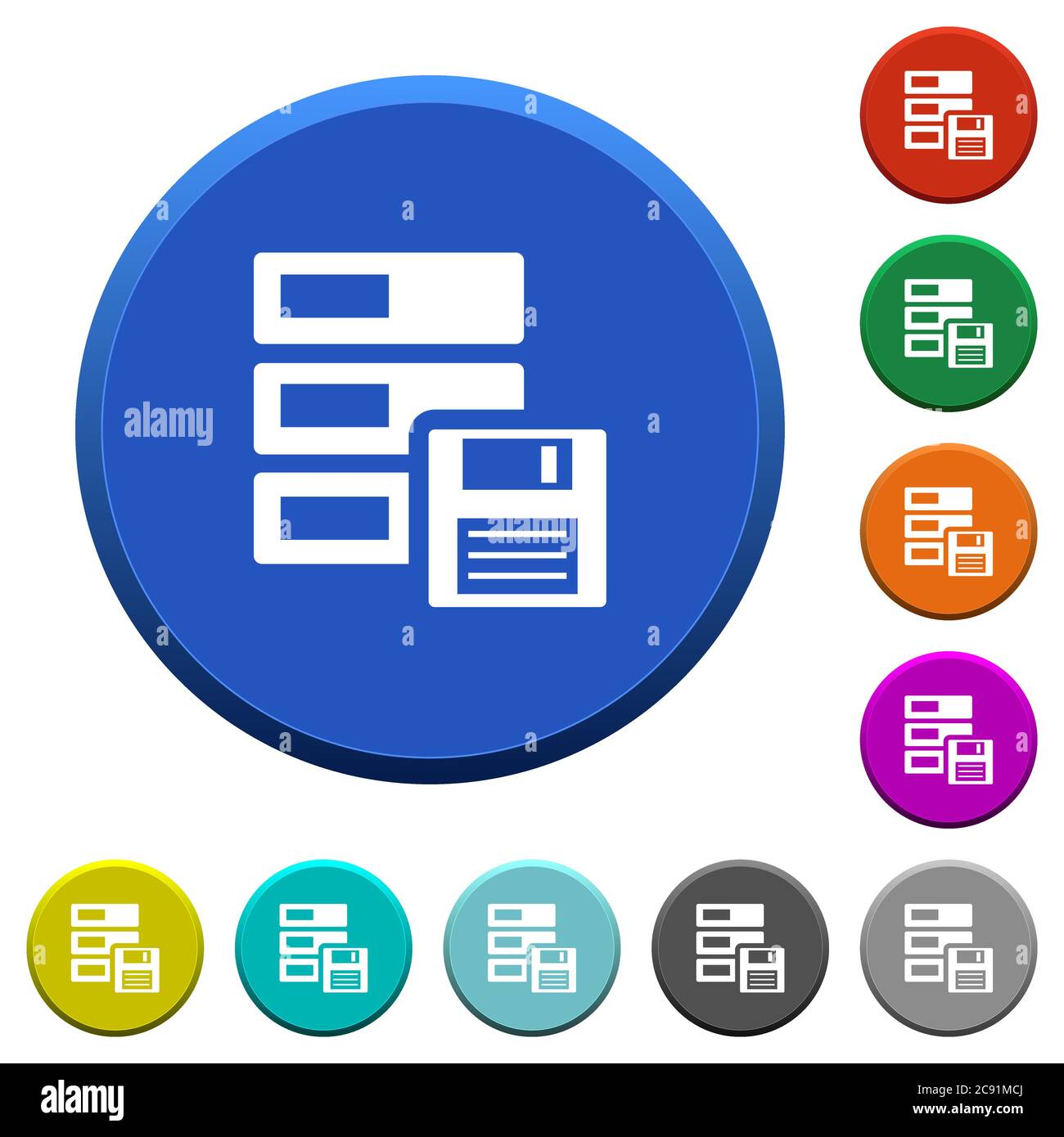 Backup concept with server and floppy disk symbols. Round color beveled ...