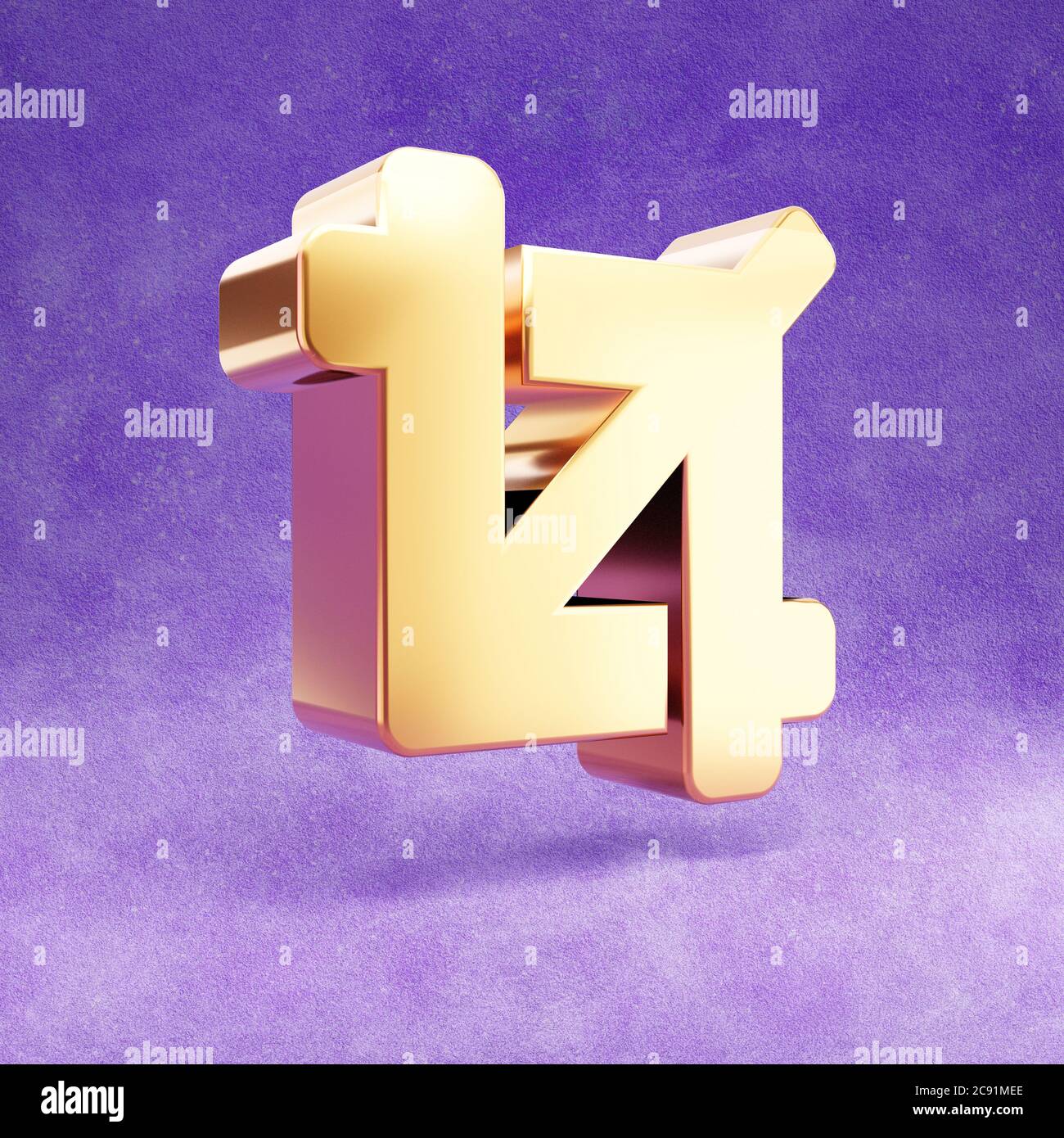 Crop icon. Gold glossy Crop symbol isolated on violet velvet background ...