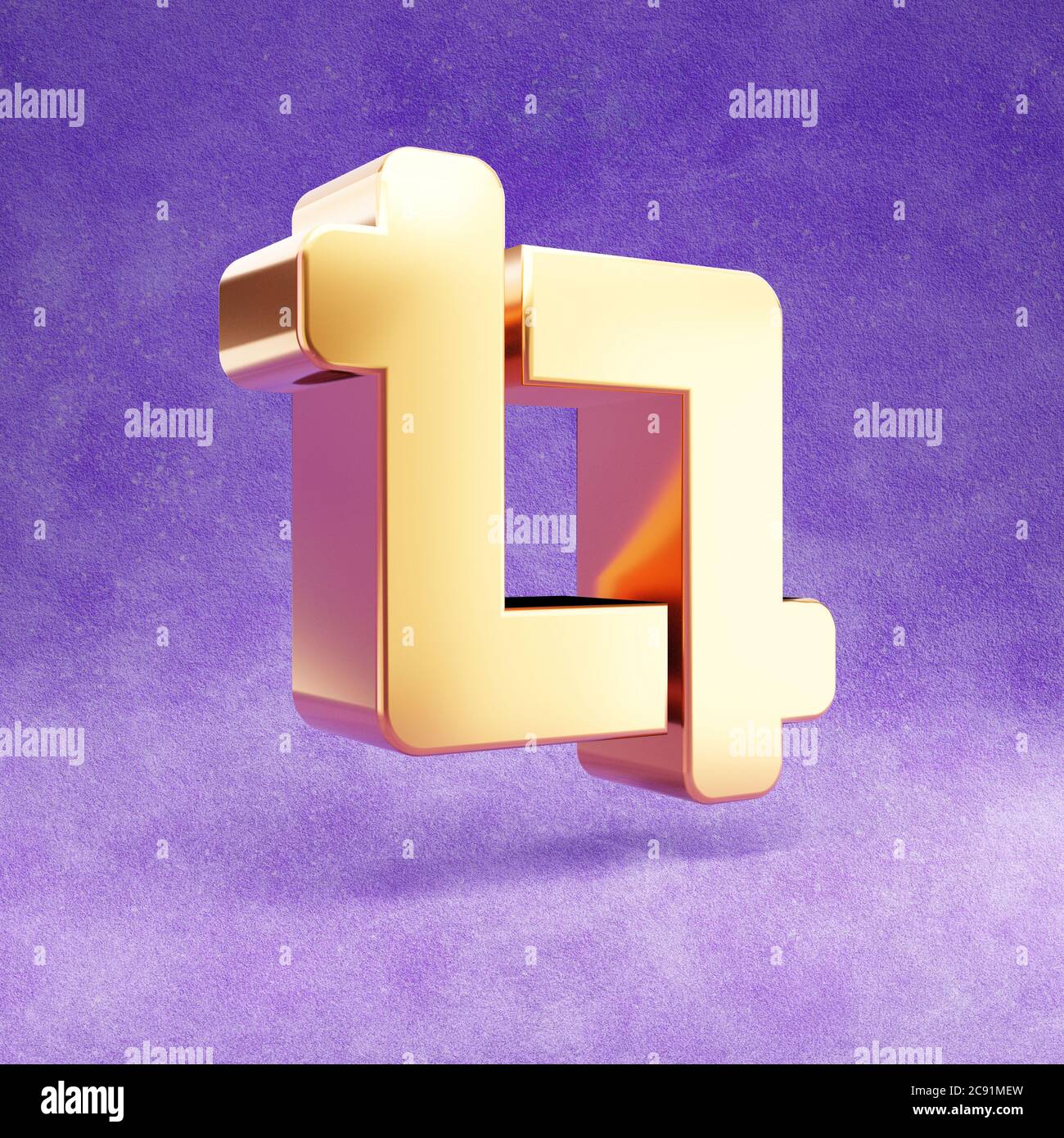 Crop icon. Gold glossy Crop symbol isolated on violet velvet background ...