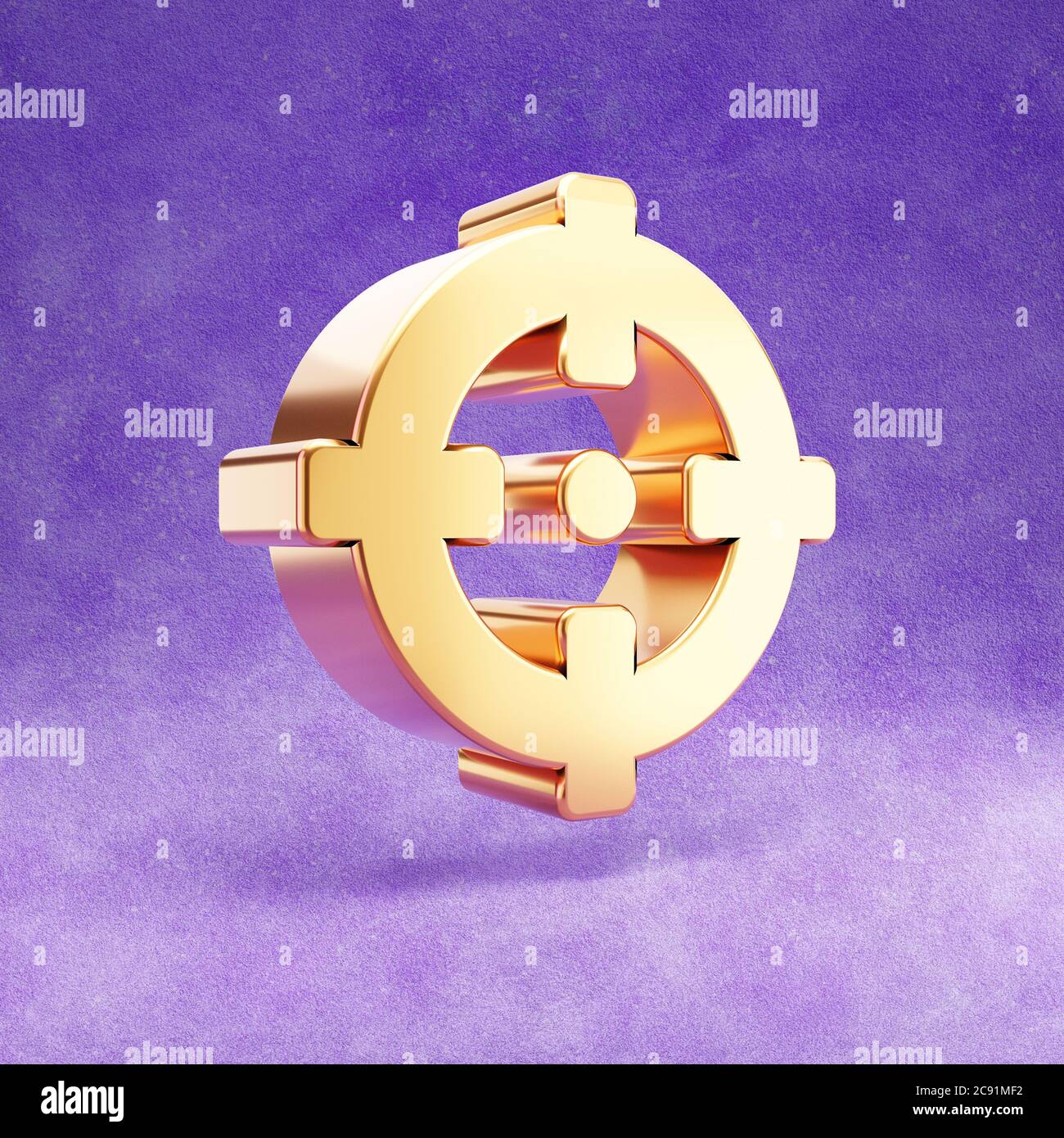 Crosshair icon. Gold glossy Crosshair symbol isolated on violet velvet ...