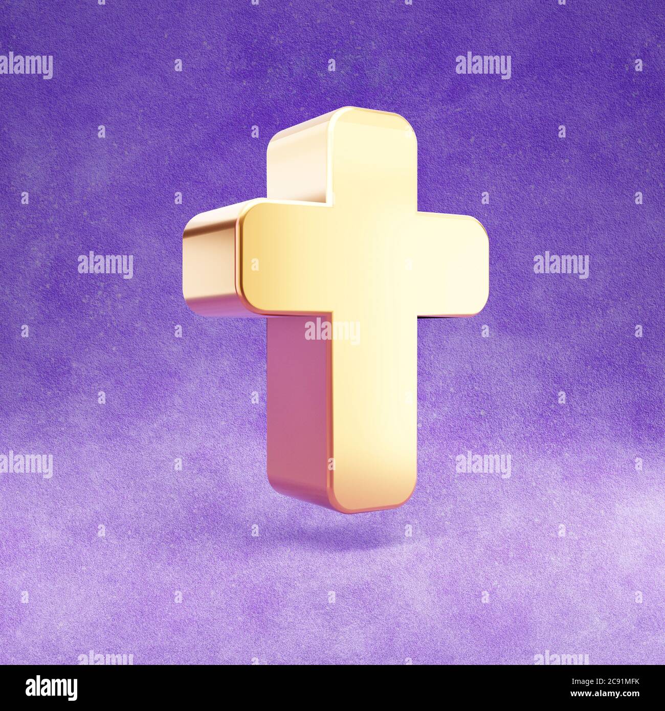 Cross icon. Gold glossy Cross symbol isolated on violet velvet ...