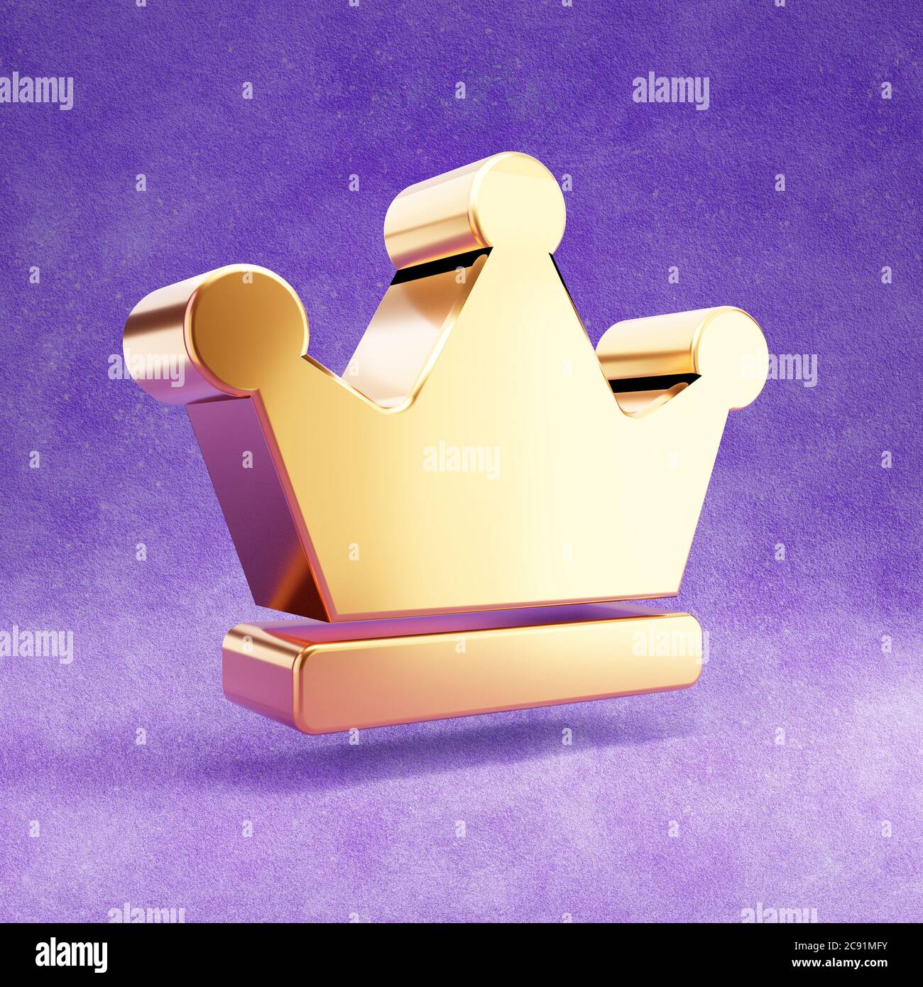 Crown icon. Gold glossy Crown symbol isolated on violet velvet ...