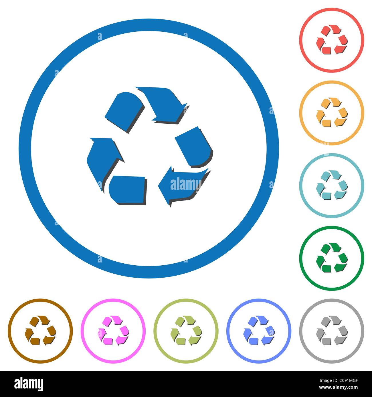 Recycling symbol flat color vector icons with shadows in round outlines ...