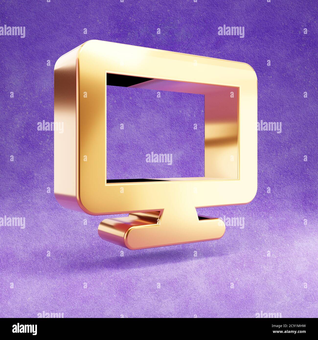 Desktop icon. Gold glossy Desktop symbol isolated on violet velvet ...