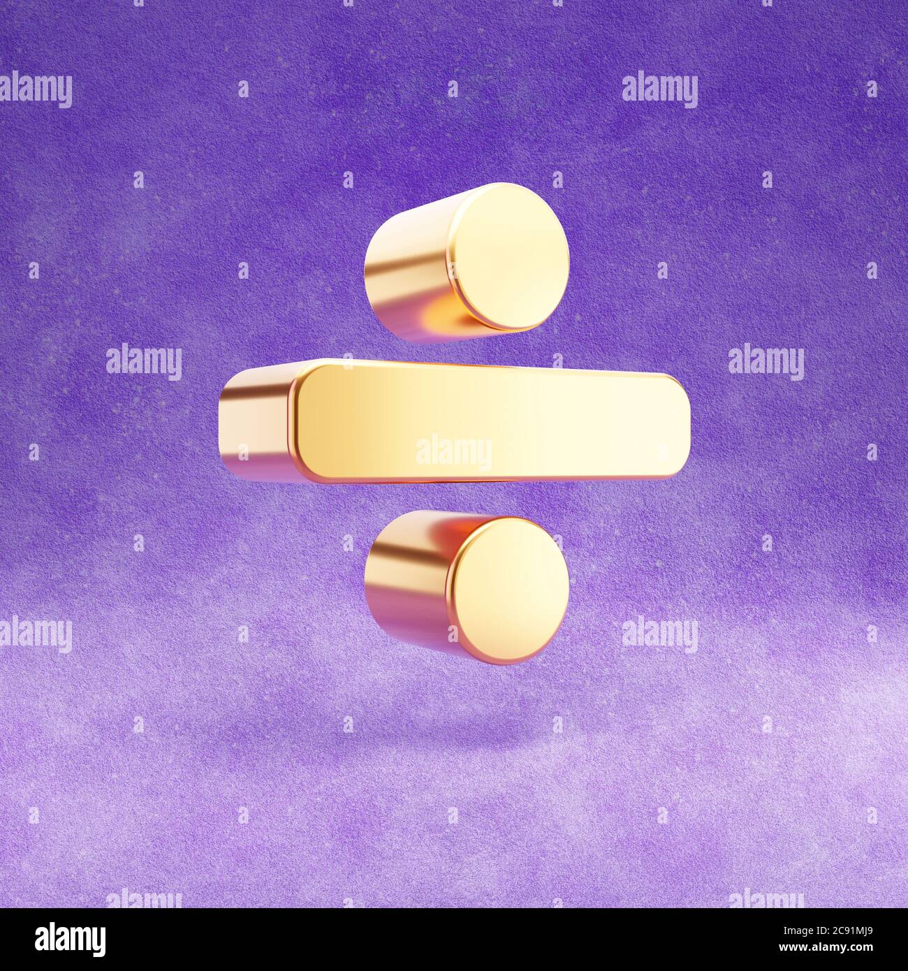 Divide icon. Gold glossy Divide symbol isolated on violet velvet ...