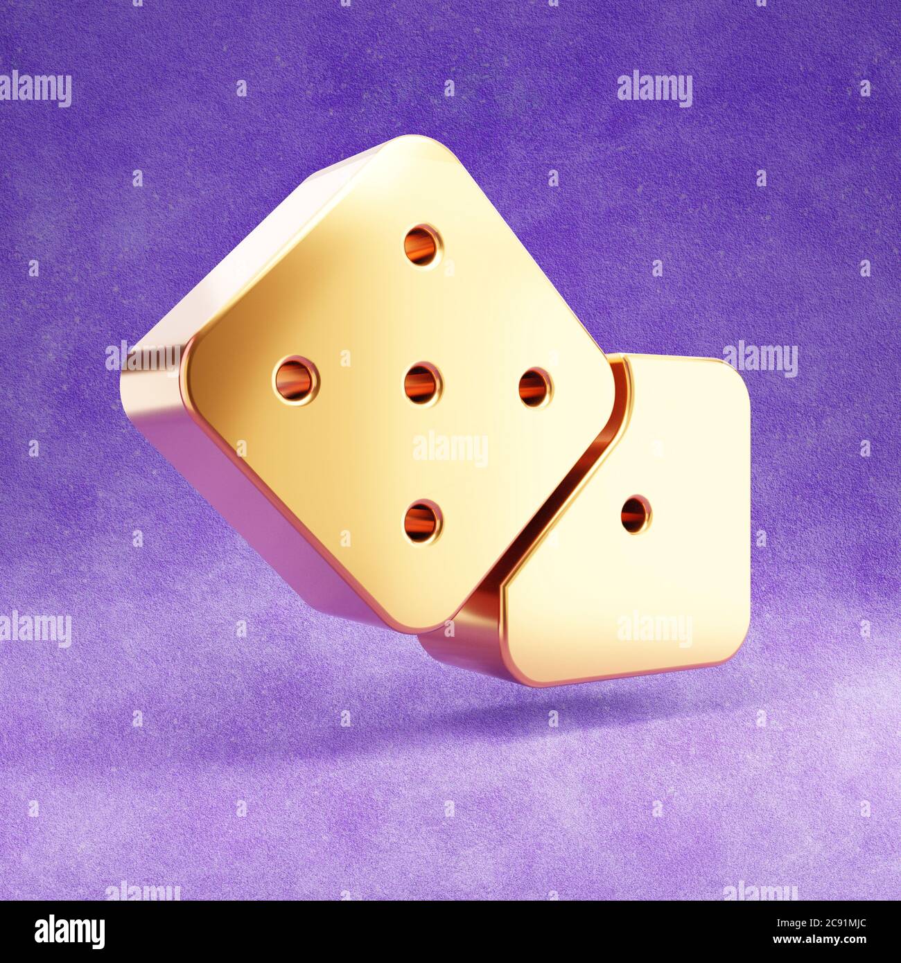 Dice icon. Gold glossy Dice symbol isolated on violet velvet background ...