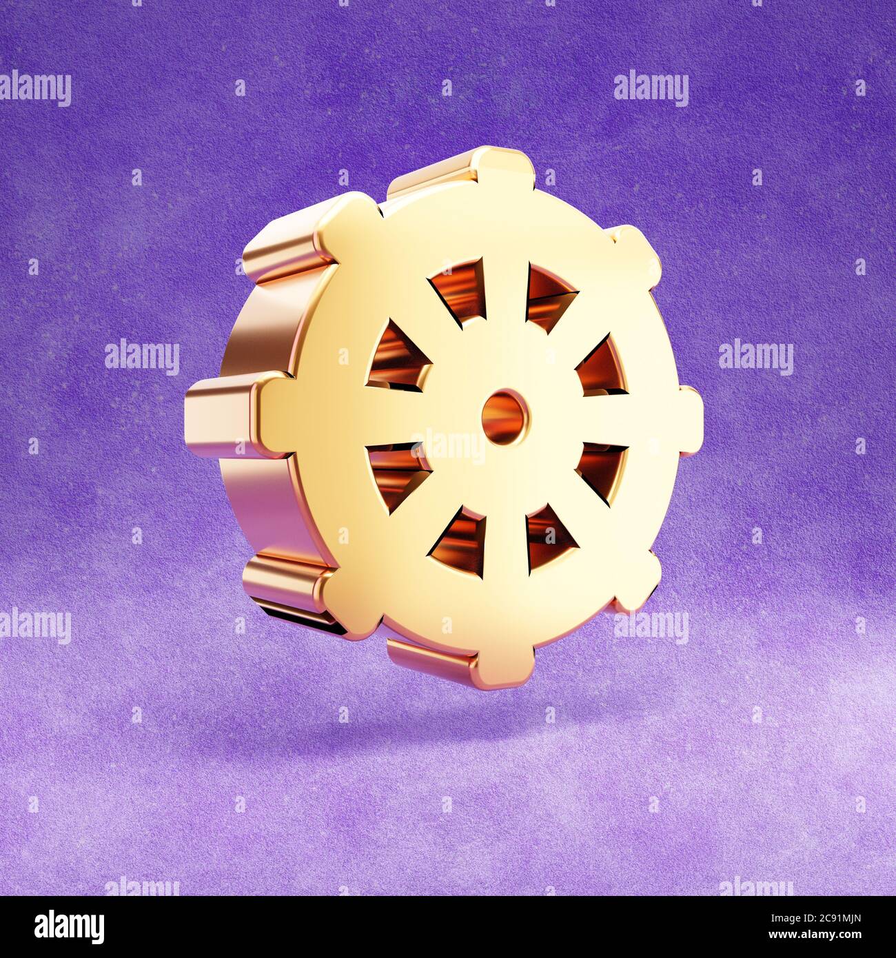 Dharmachakra icon. Gold glossy Dharmachakra symbol isolated on violet ...