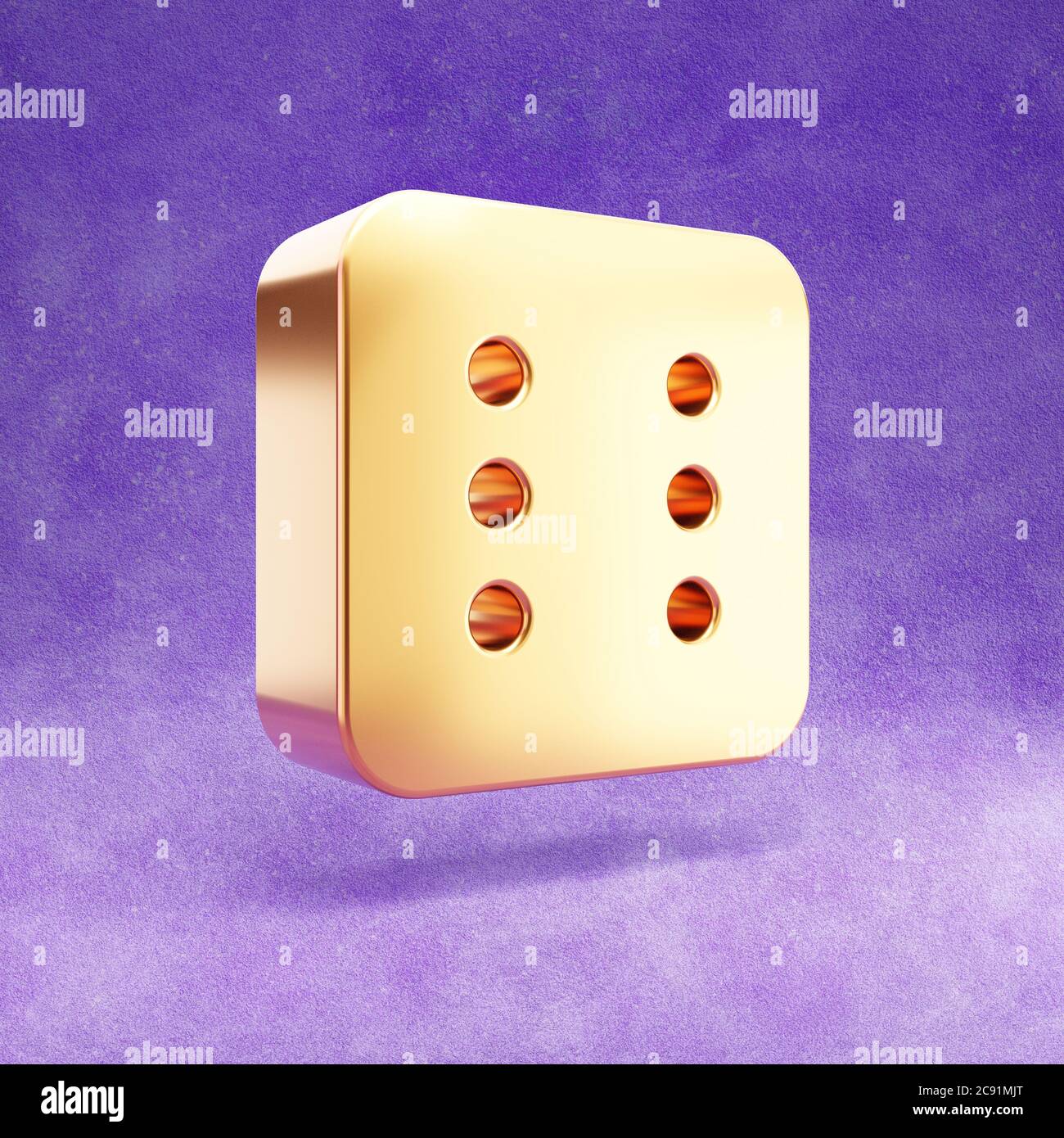 Dice six icon. Gold glossy Dice 6 symbol isolated on violet velvet ...