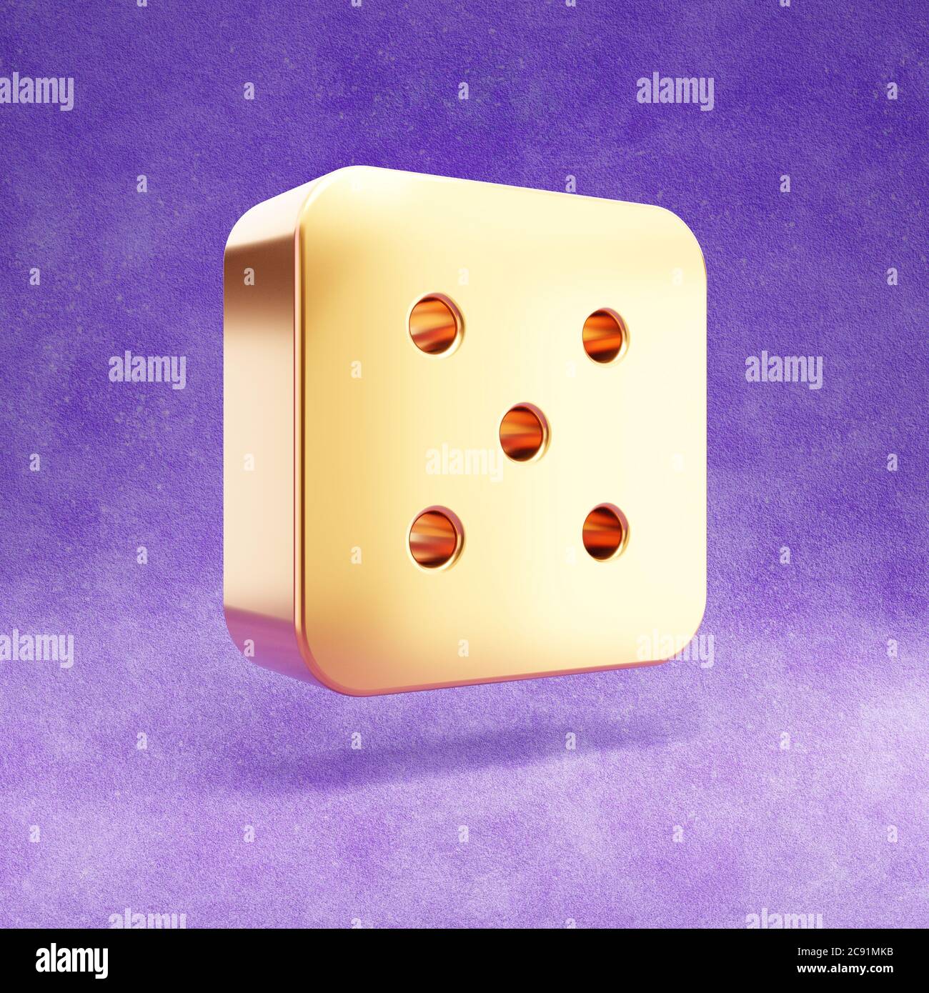 Dice five icon. Gold glossy Dice 5 symbol isolated on violet velvet ...