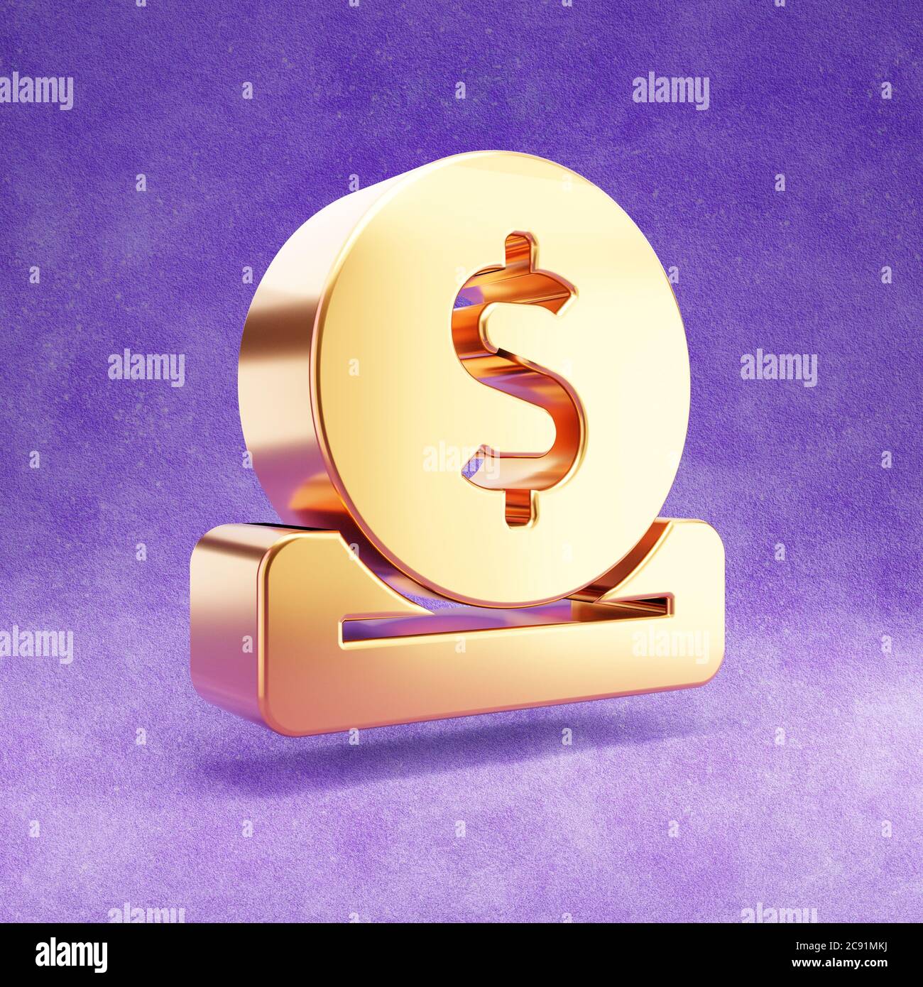 Donate icon. Gold glossy Donate symbol isolated on violet velvet ...