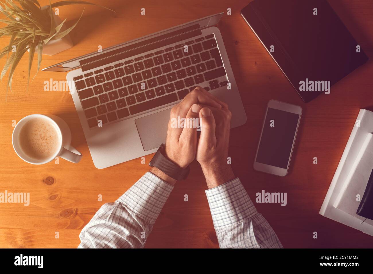 Business office anxiety concept, top view overhead shot of male hands ...