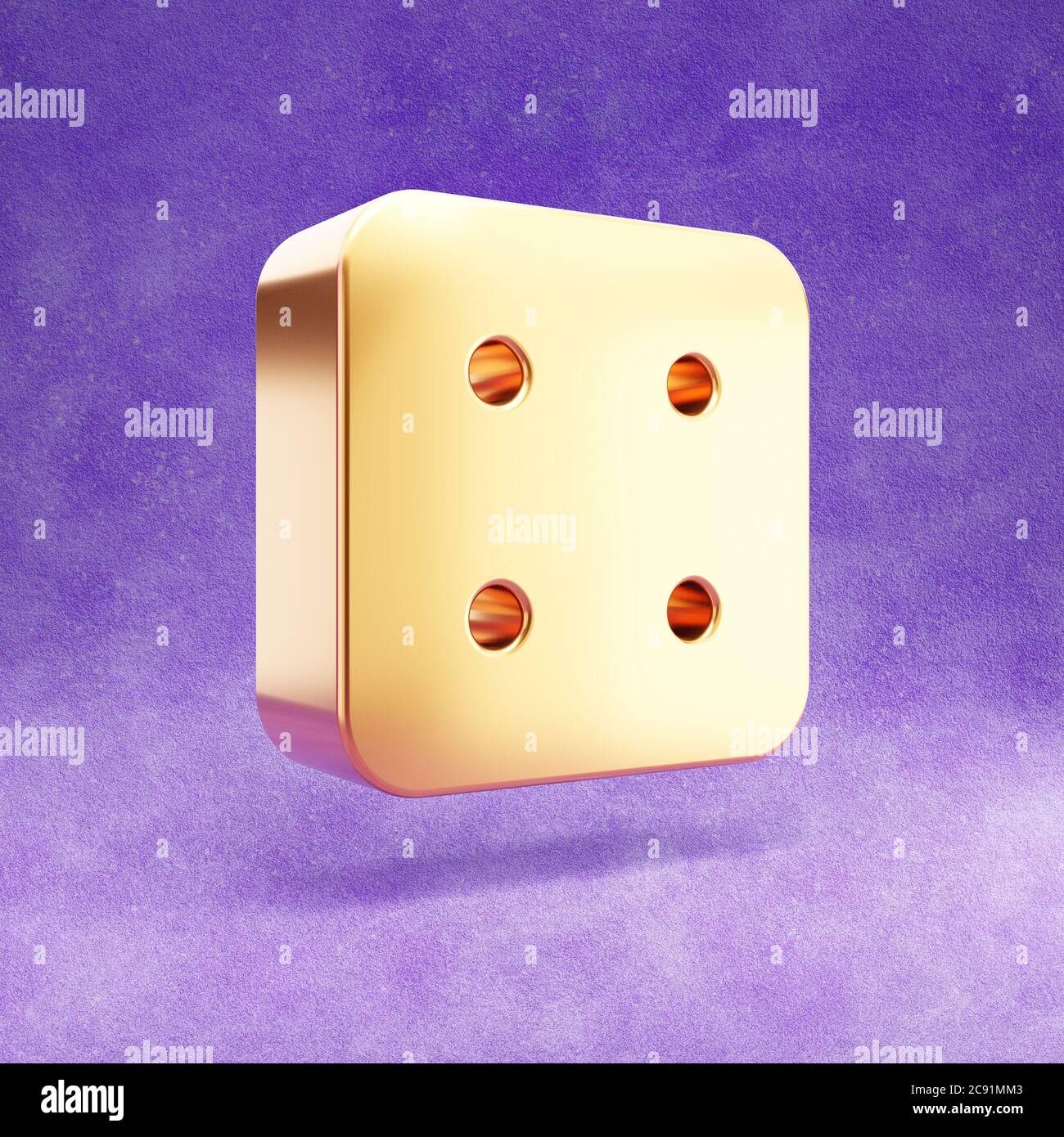 Dice four icon. Gold glossy Dice 4 symbol isolated on violet velvet ...