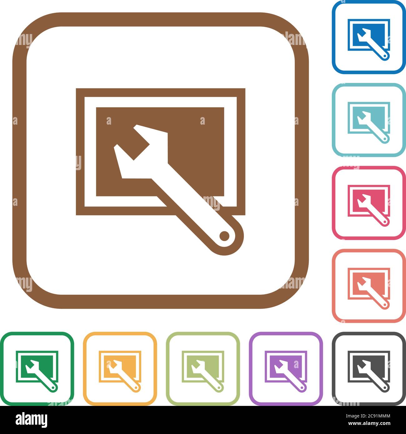 Screen settings simple icons in color rounded square frames on white ...