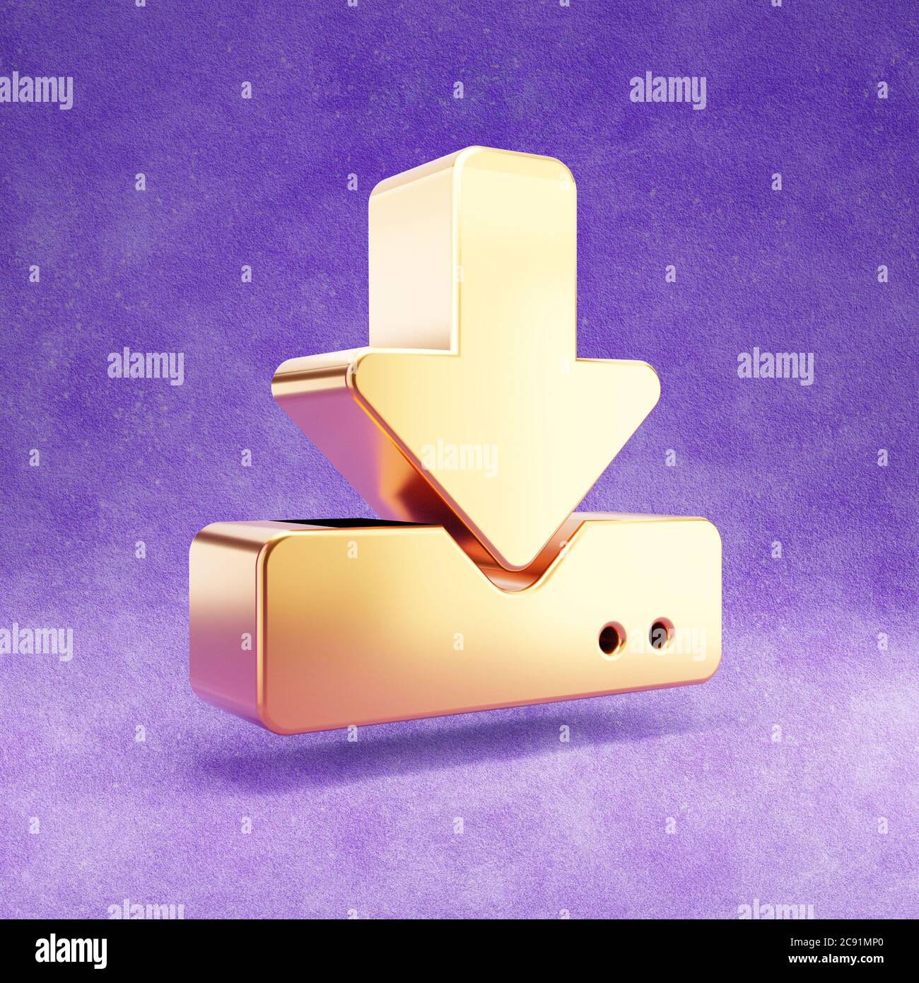 Download icon. Gold glossy Download symbol isolated on violet velvet ...