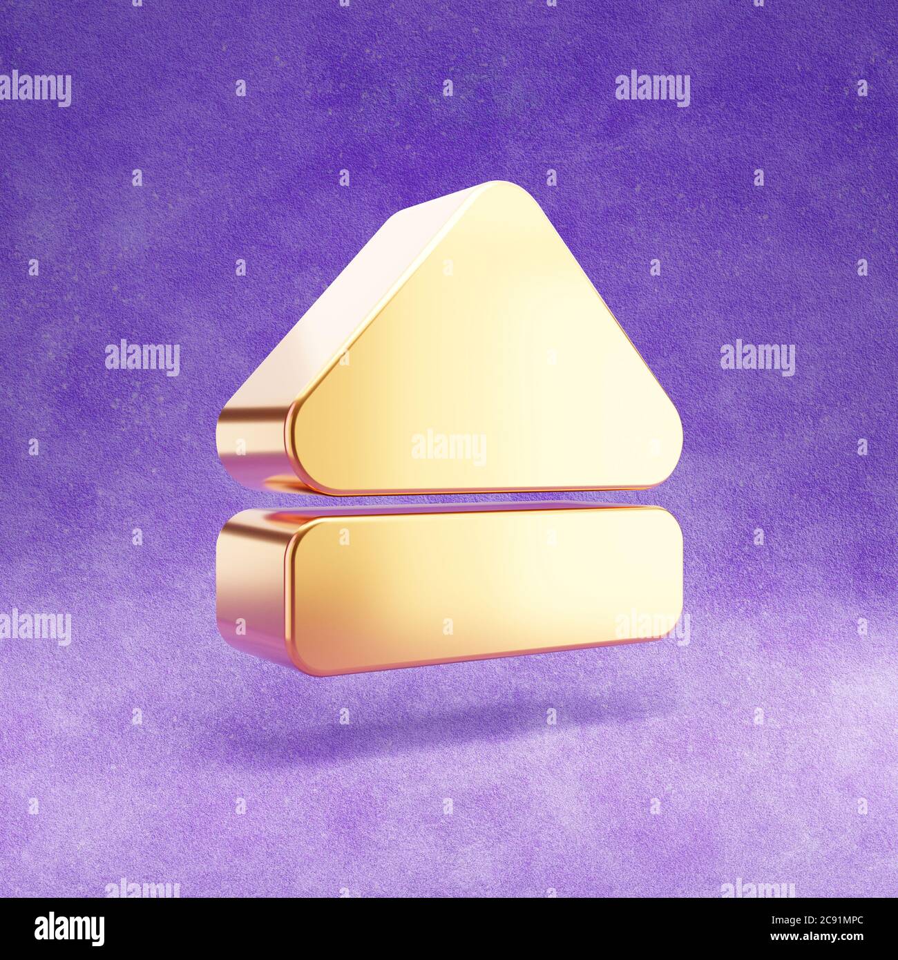 Eject icon. Gold glossy Eject symbol isolated on violet velvet ...