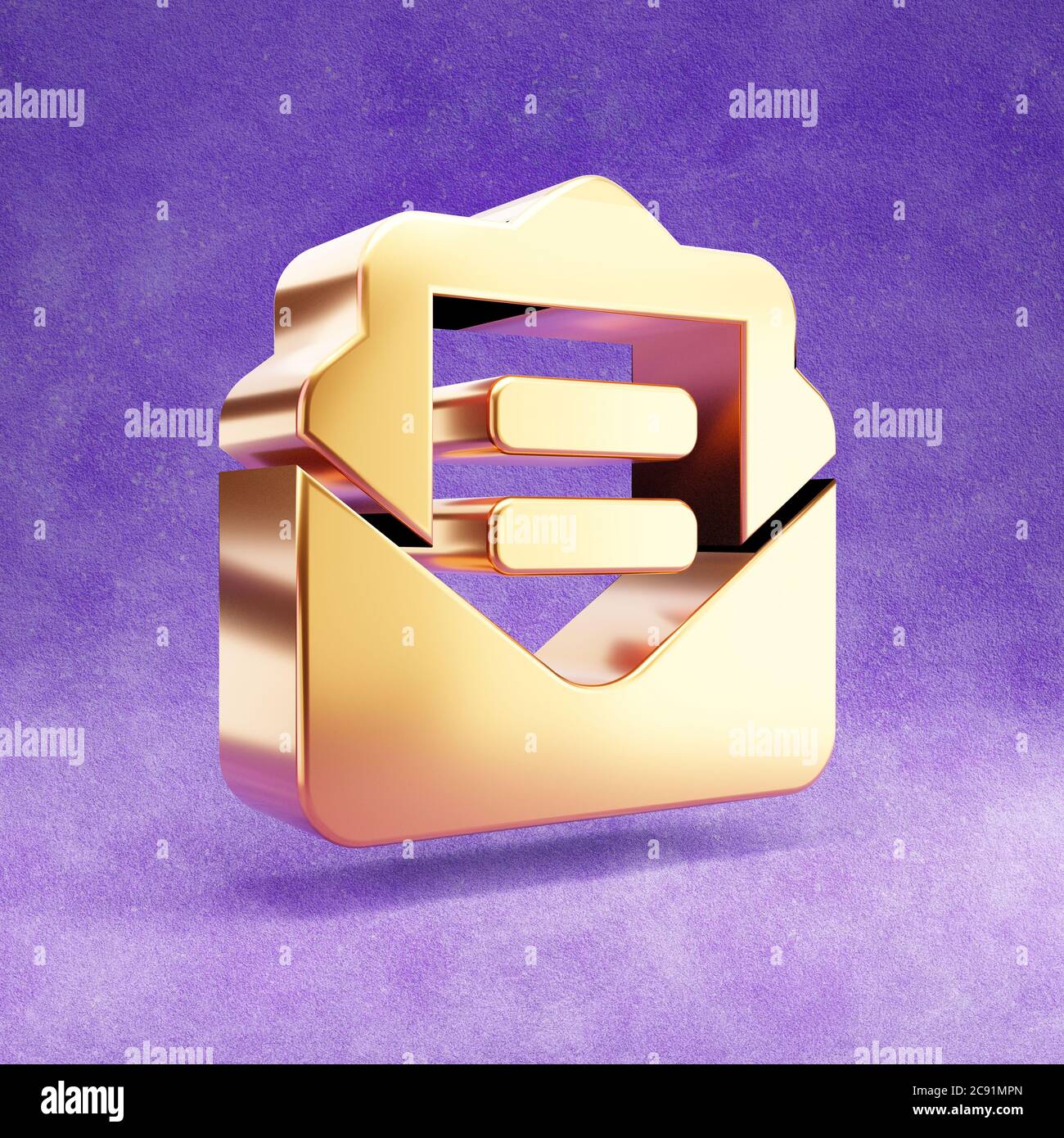 Mail icon. Gold glossy Mail symbol isolated on violet velvet background ...