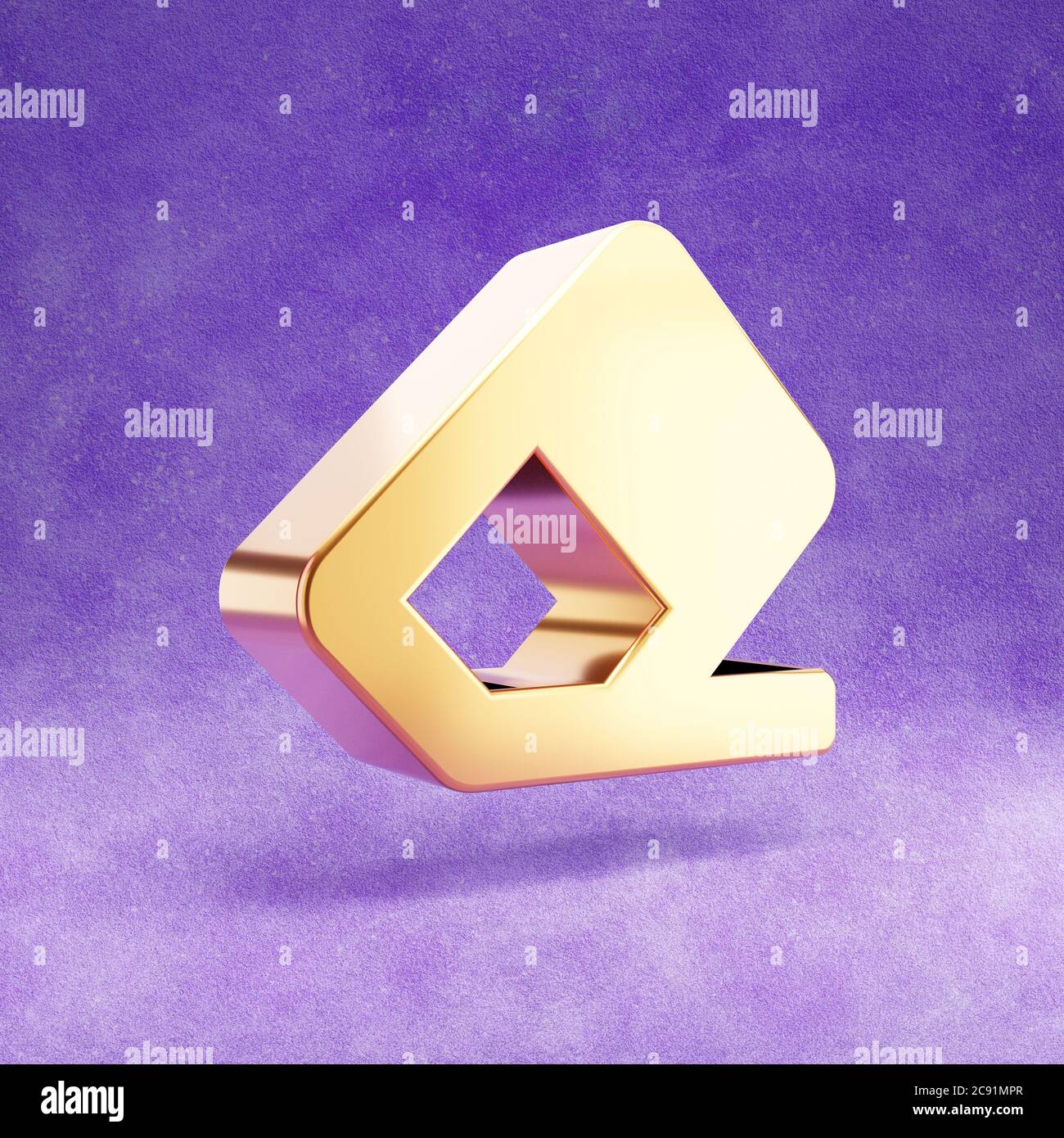 Erase icon. Gold glossy Erase symbol isolated on violet velvet ...