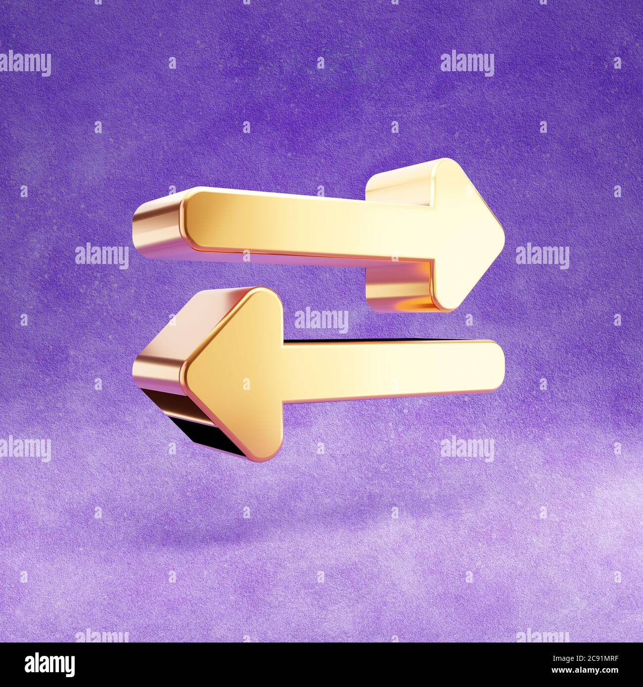 Exchange icon. Gold glossy Currency Exchange symbol isolated on violet ...