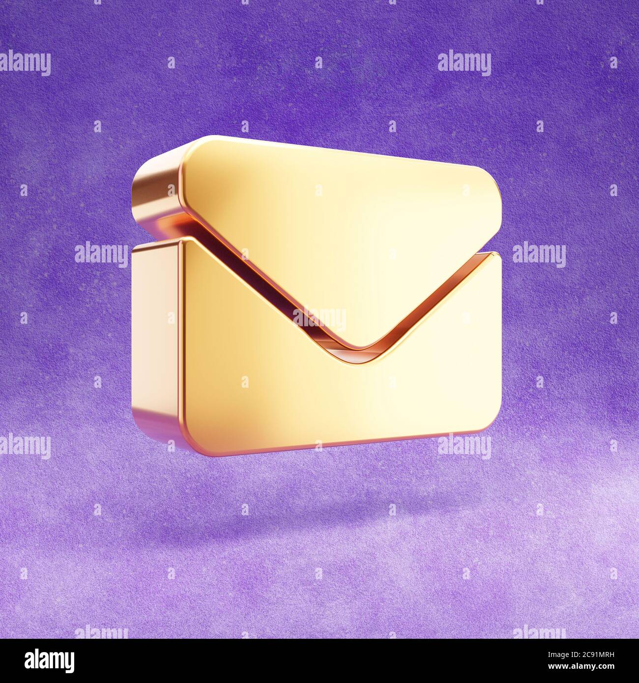 Mail icon. Gold glossy Mail symbol isolated on violet velvet background ...