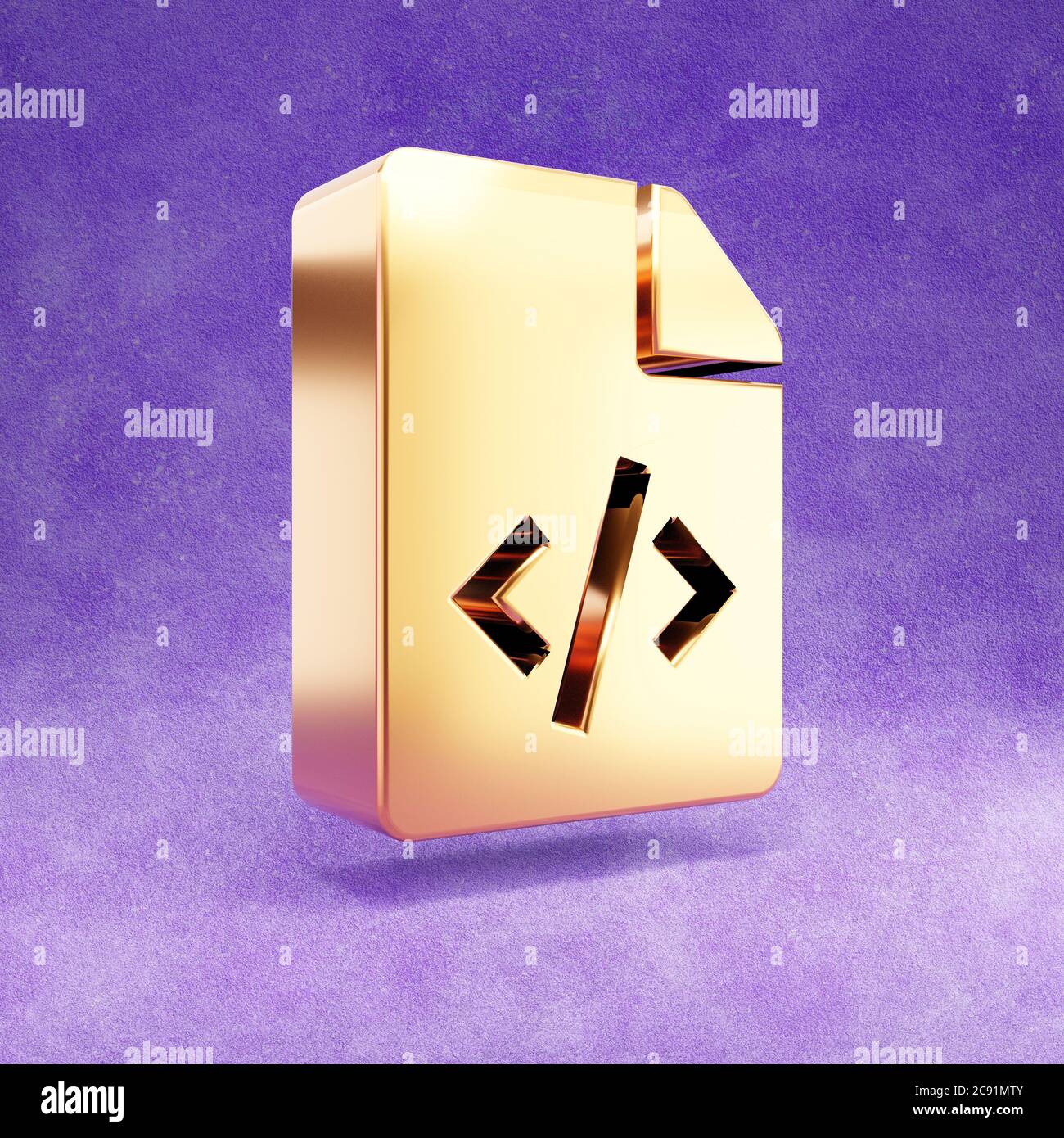 Code file icon. Gold glossy Code file symbol isolated on violet velvet ...