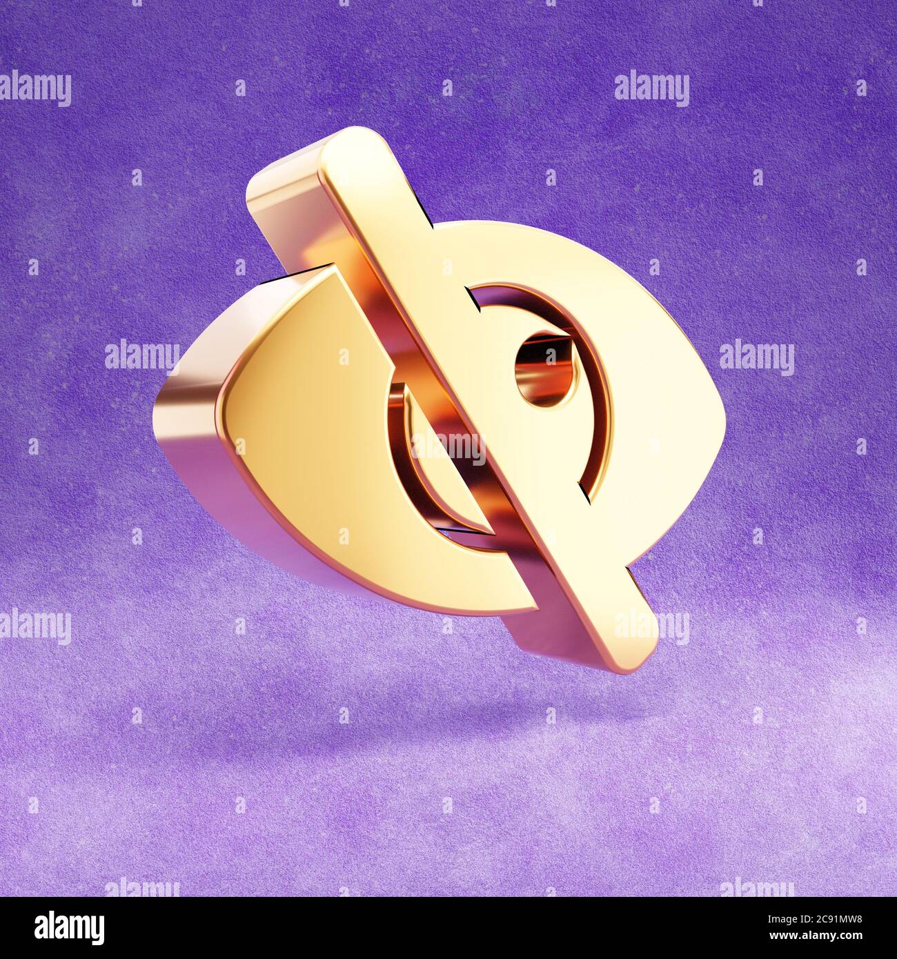 Crossed Eye icon. Gold glossy Crossed Eye symbol isolated on violet ...