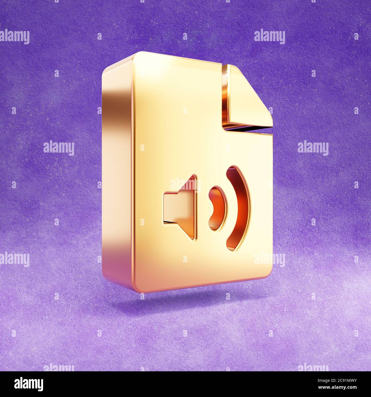 Audio file icon. Gold glossy Audio file symbol isolated on violet ...
