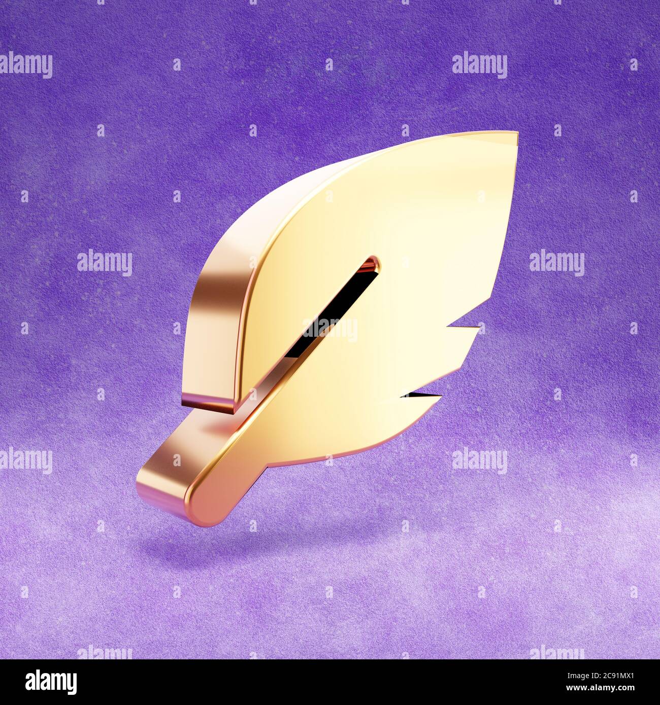 Feather icon. Gold glossy Feather symbol isolated on violet velvet ...