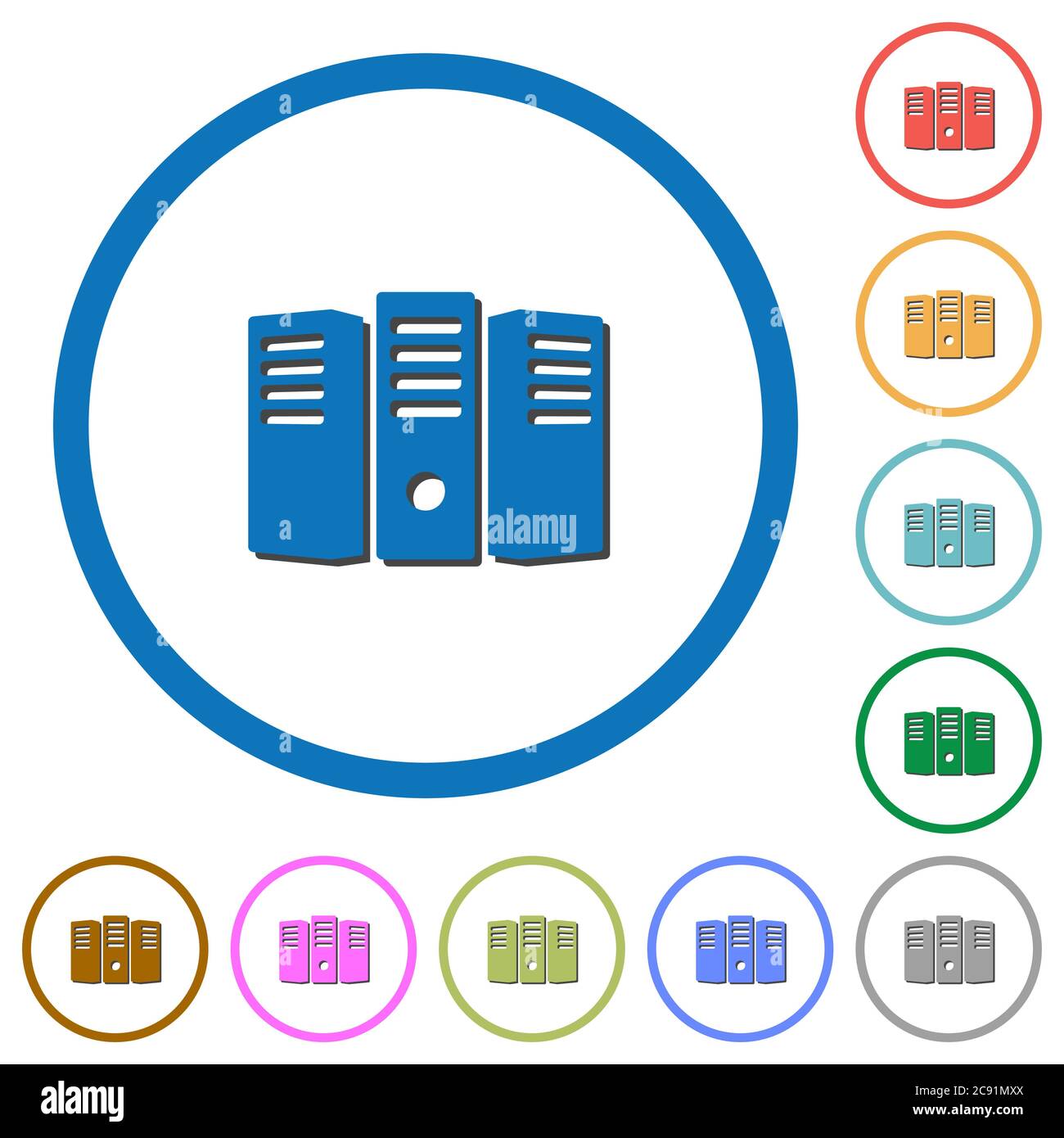 Server hosting flat color vector icons with shadows in round outlines ...