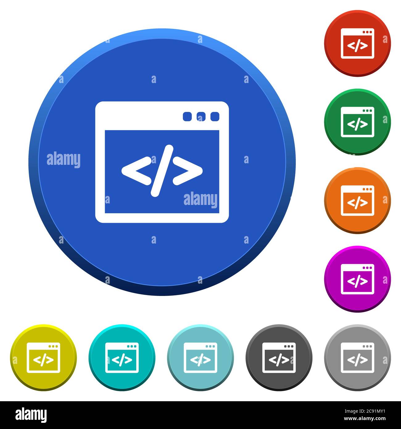 Programming code in software window. Round color beveled buttons with ...
