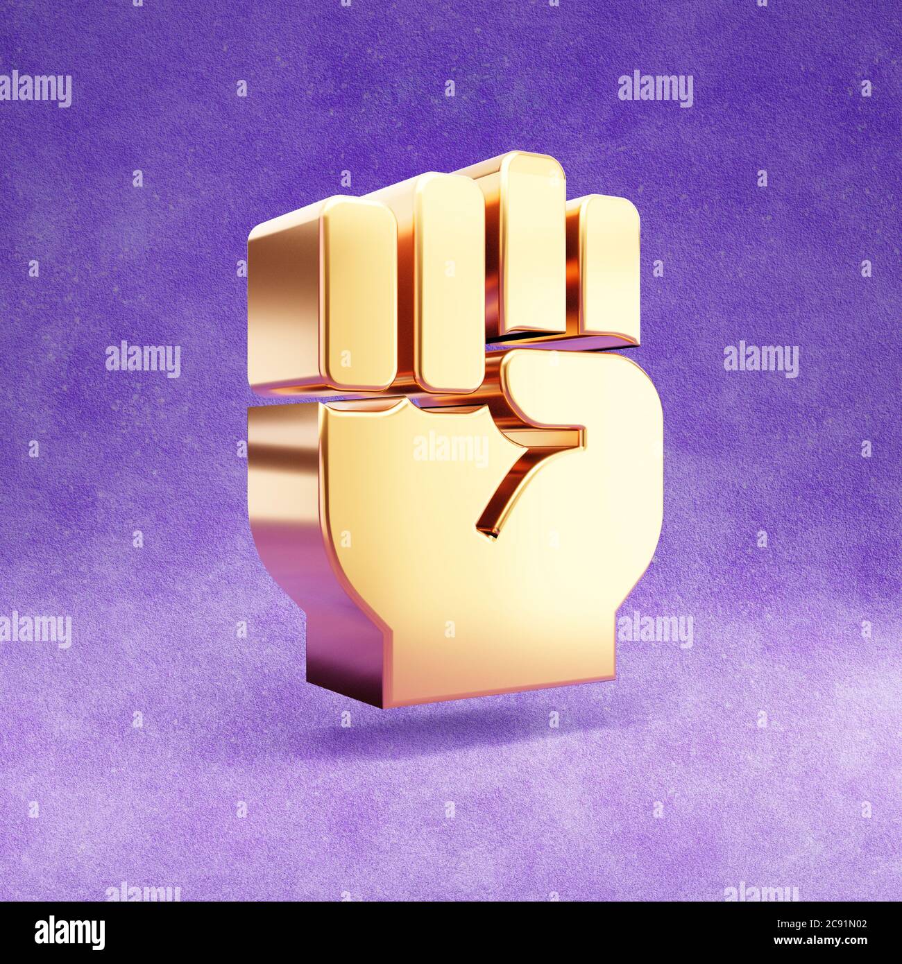 Fist icon. Gold glossy Fist symbol isolated on violet velvet background ...