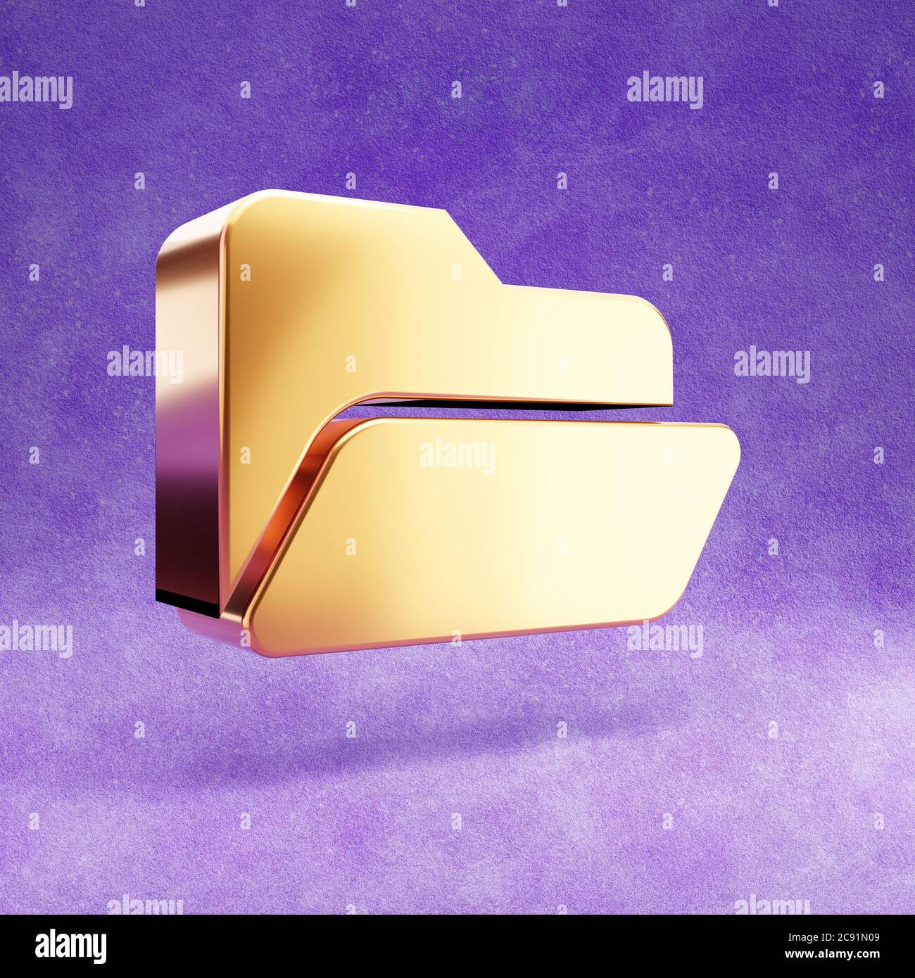 Opened Folder icon. Gold glossy Opened Folder symbol isolated on violet ...