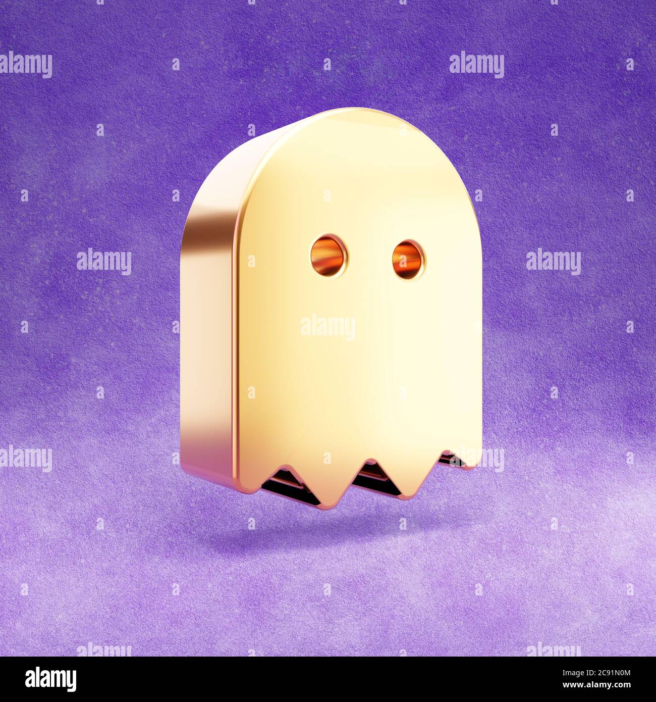 Ghost icon. Gold glossy Ghost symbol isolated on violet velvet ...