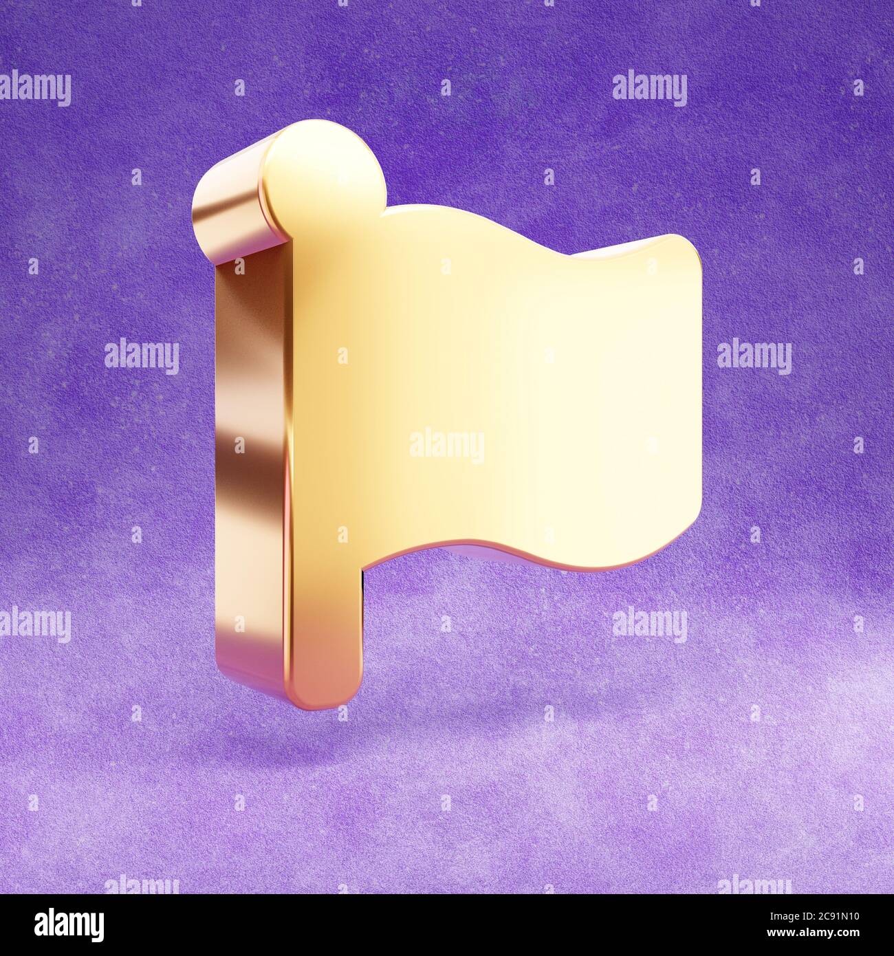 Flag icon. Gold glossy Flag symbol isolated on violet velvet background ...