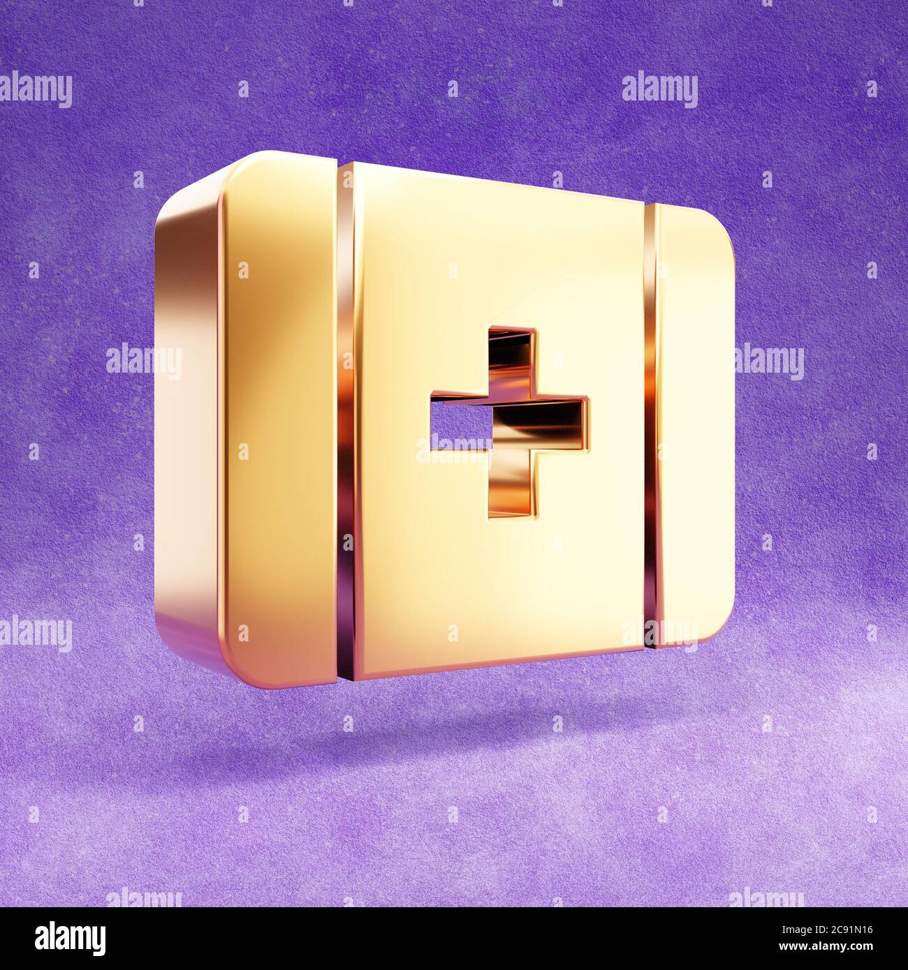 Medkit icon. Gold glossy Medkit symbol isolated on violet velvet ...