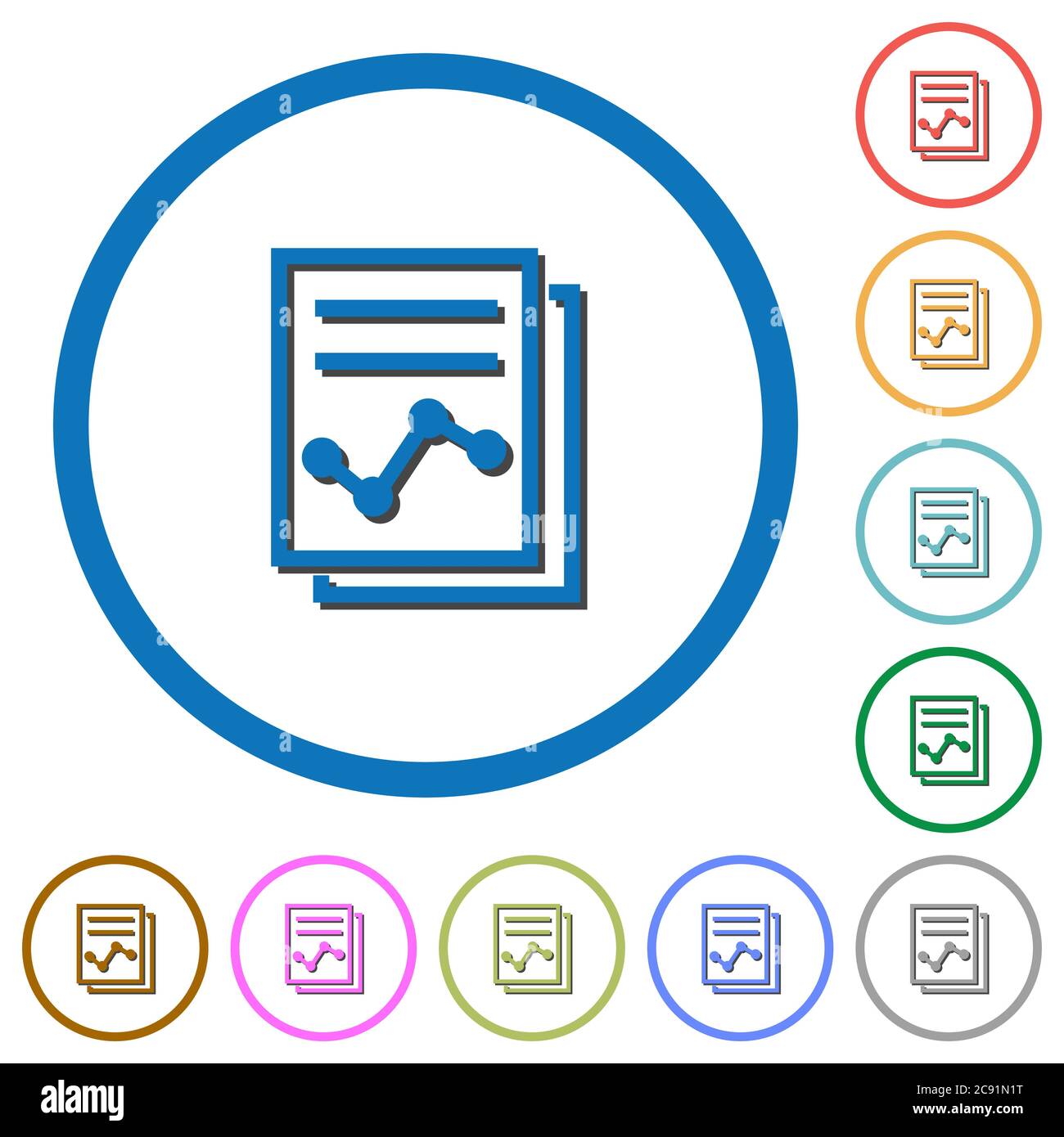 Report with graph flat color vector icons with shadows in round ...