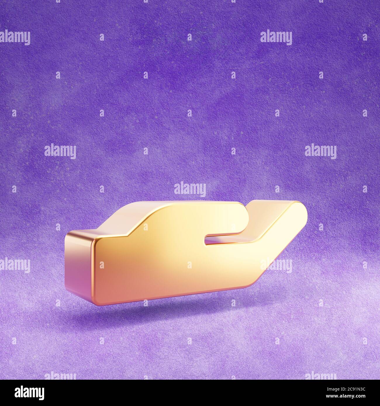 Holding hand icon. Gold glossy Holding hand symbol isolated on violet ...