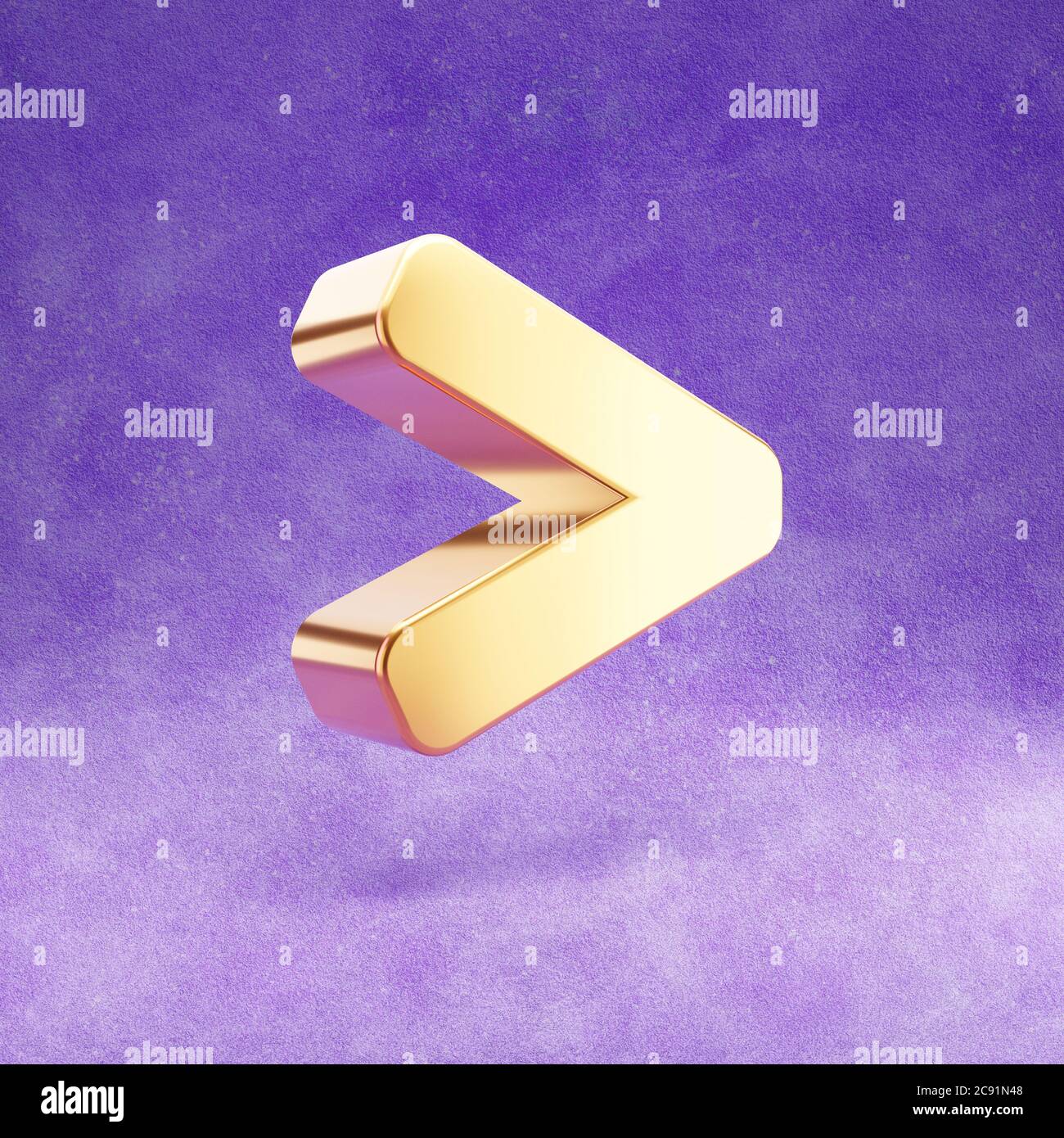 Greater than icon. Gold glossy Greater than symbol isolated on violet ...