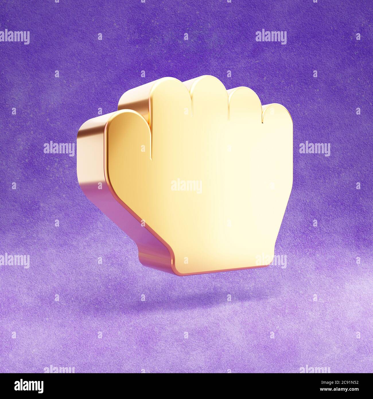 Fist icon. Gold glossy Hand Rock symbol isolated on violet velvet ...