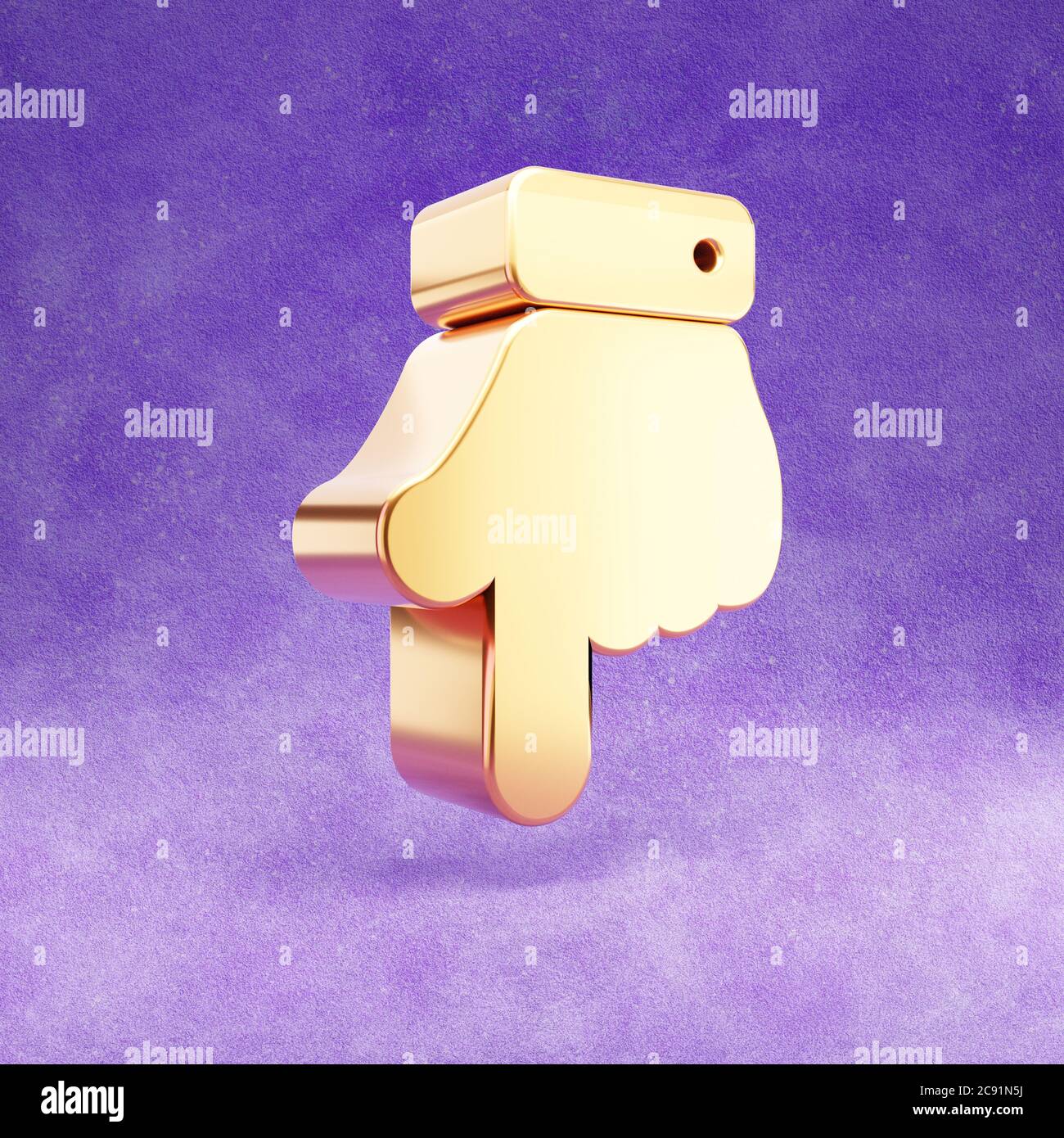 Hand point down icon. Gold glossy finger down symbol isolated on violet ...