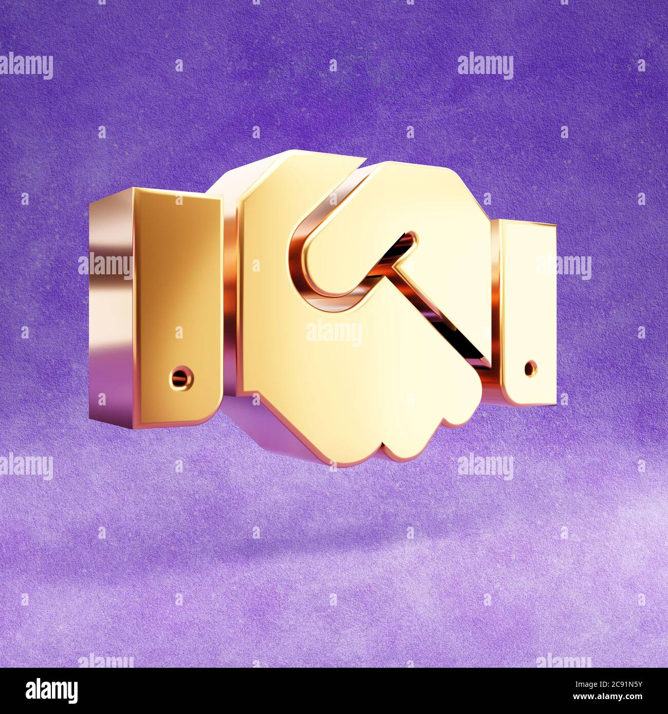 Shake hands icon. Gold glossy Shake hands symbol isolated on violet ...