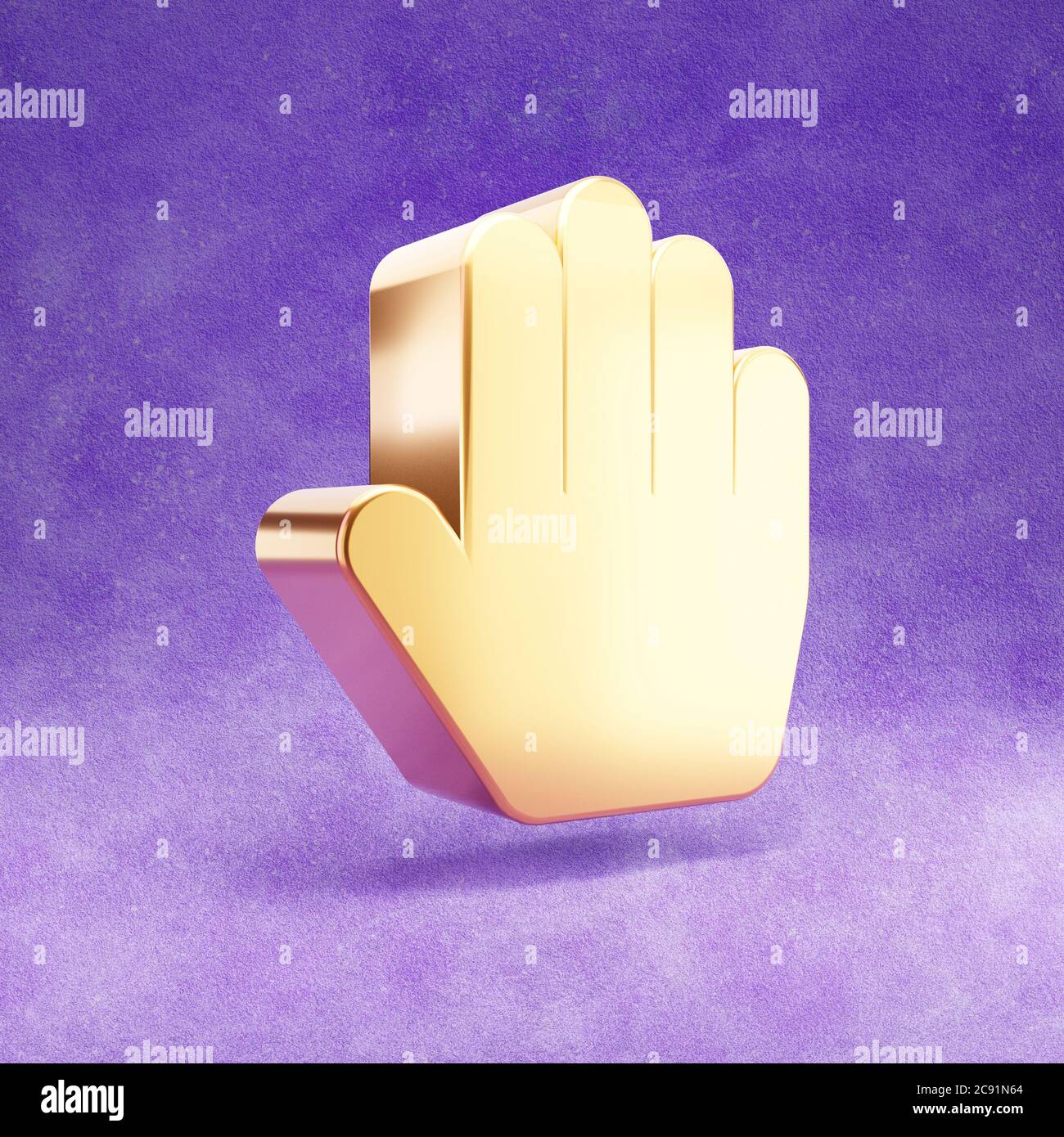 Hand paper icon. Gold glossy Hand paper symbol isolated on violet ...