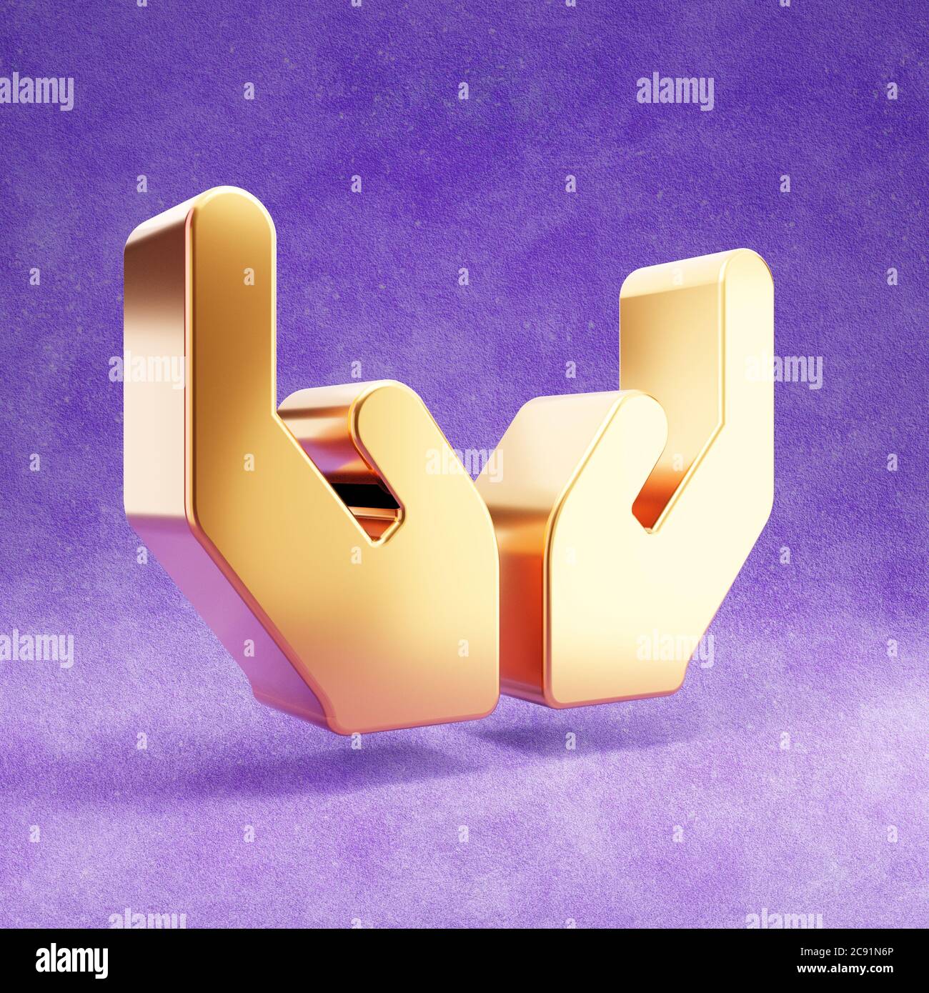 Hands icon. Gold glossy Hands symbol isolated on violet velvet ...