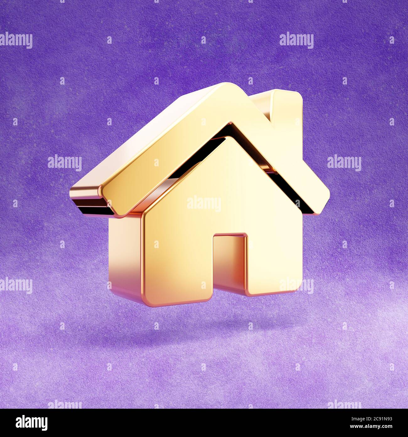 Home icon. Gold glossy House symbol isolated on violet velvet ...